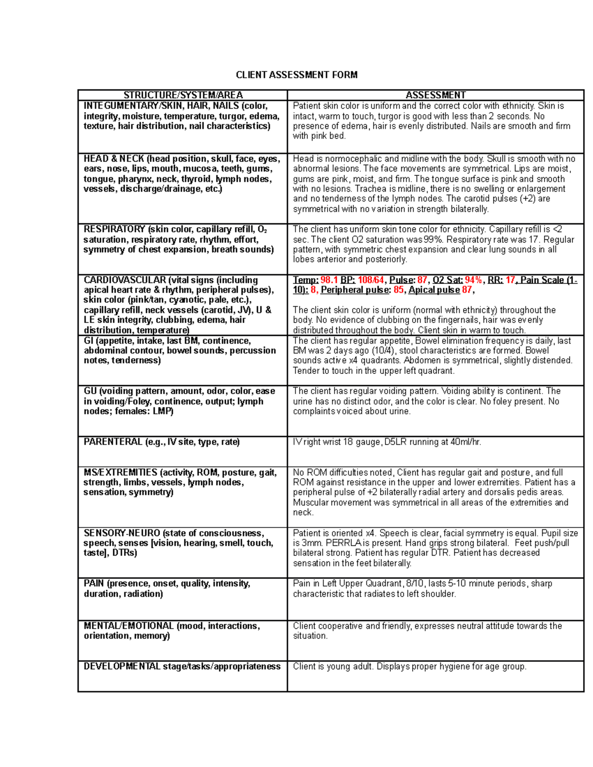 CW3- GI pt2 - Assignment - CLIENT ASSESSMENT FORM STRUCTURE/SYSTEM/AREA ...
