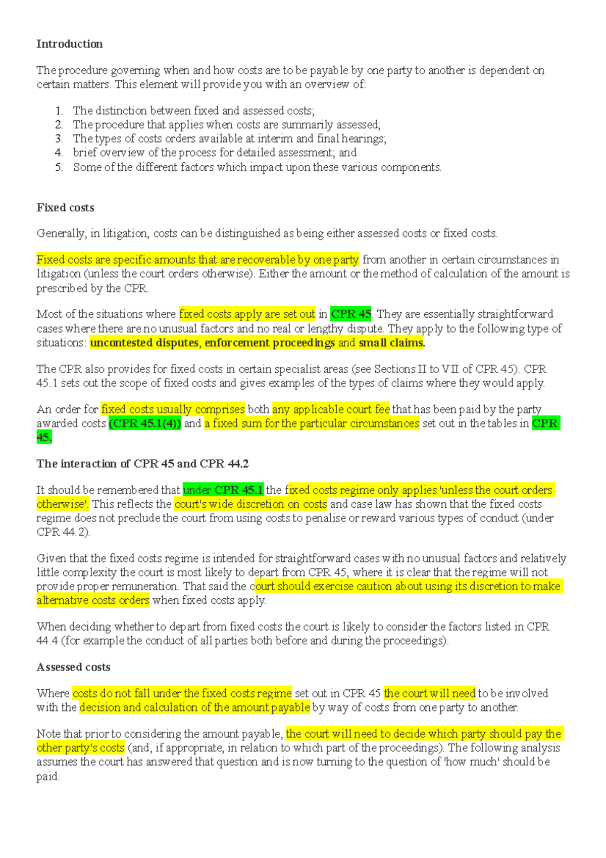 2.5 Costs Procedure - Notes from lectures on bptc - Introduction The ...