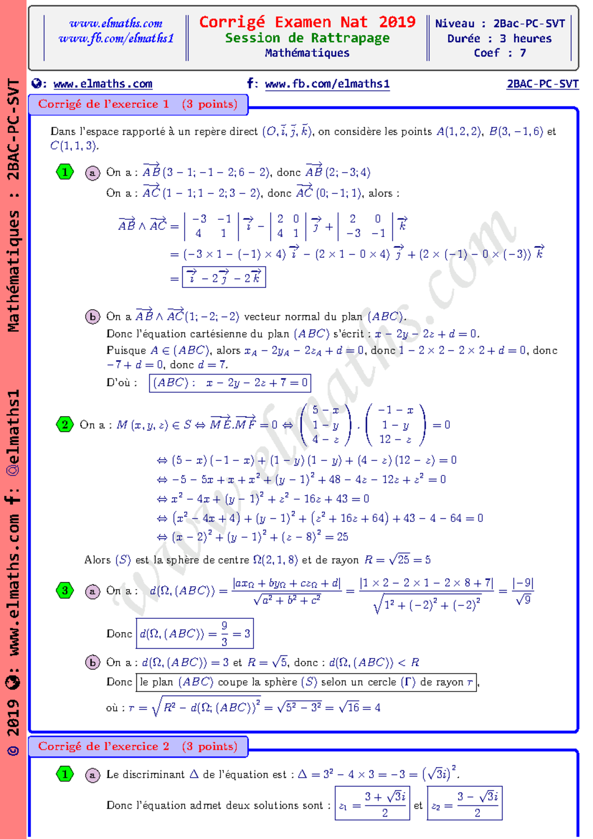 Exam N 2019 2Bac SVT PC Fr Corrigé - © 2019 : elmaths : @ elmaths Mathématiques : 2BAC-PC-SVT ...