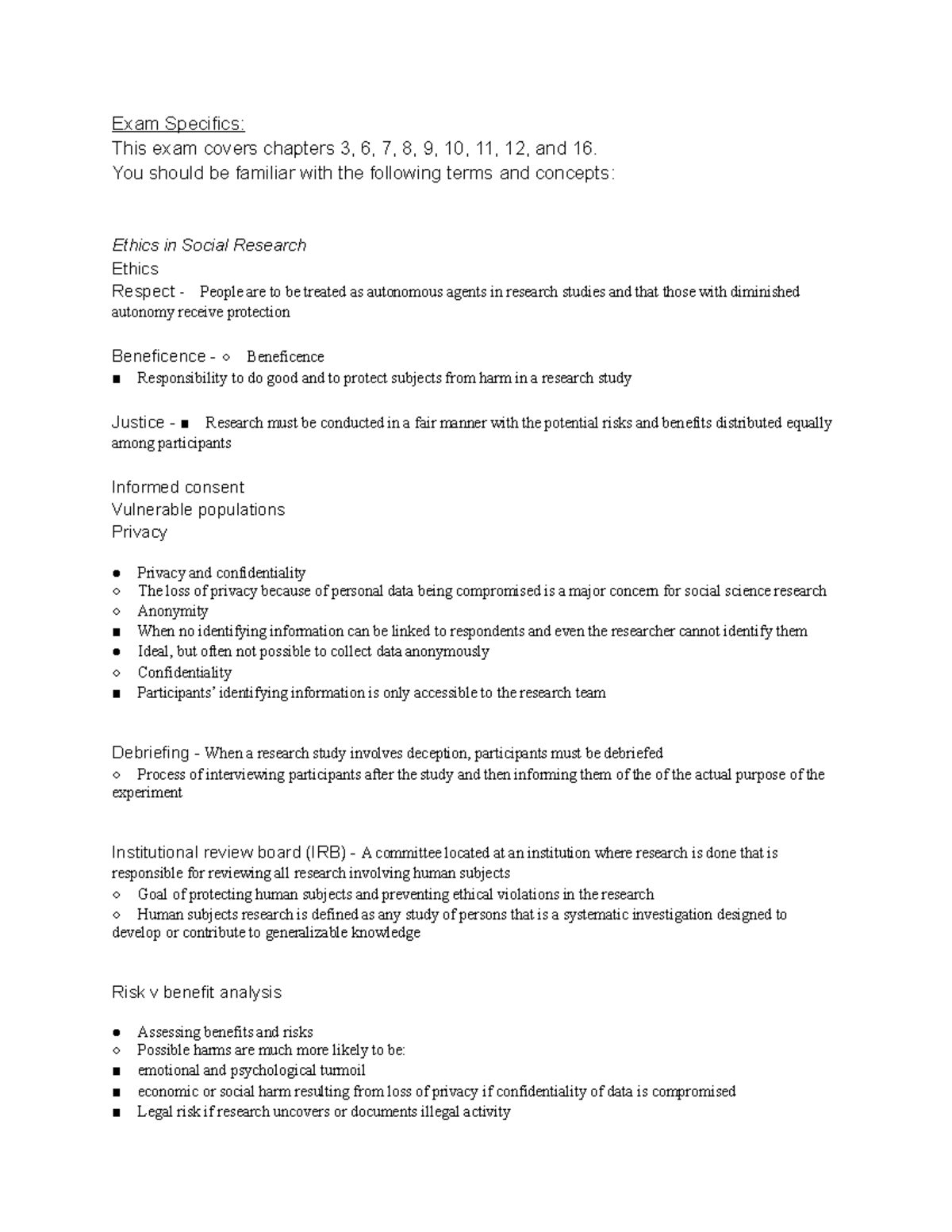 Methods Final Review sheet - Exam Specifics: This exam covers chapters ...