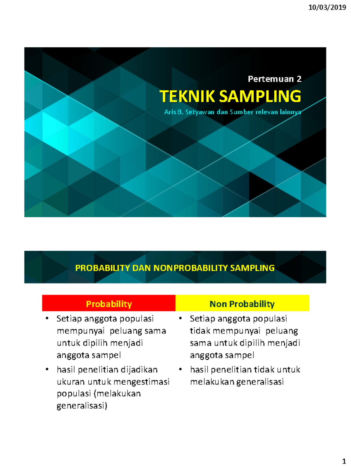 Pertemuan 2 Teknik Sampling - Pertemuan 2 TEKNIK SAMPLING Aris B ...