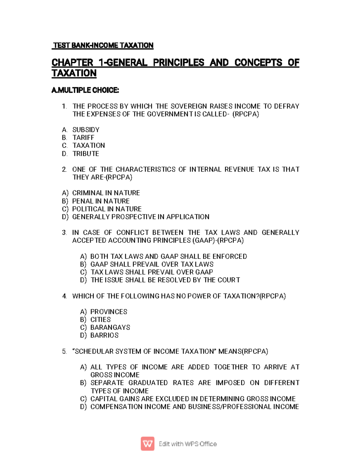 Income-taxation practice materials - TEST BANK-INCOME TAXATION CHAPTER ...