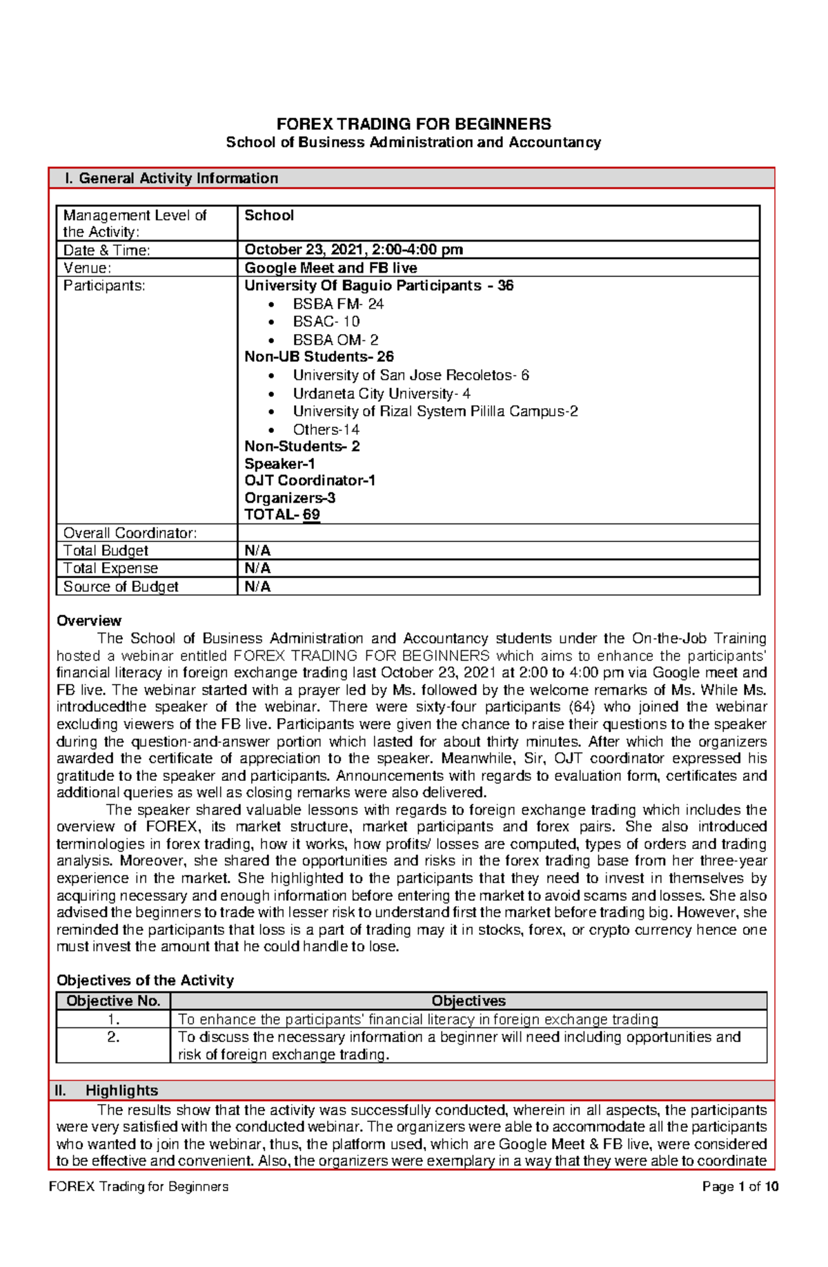 Activity report - FOREX TRADING FOR BEGINNERS School of Business ...