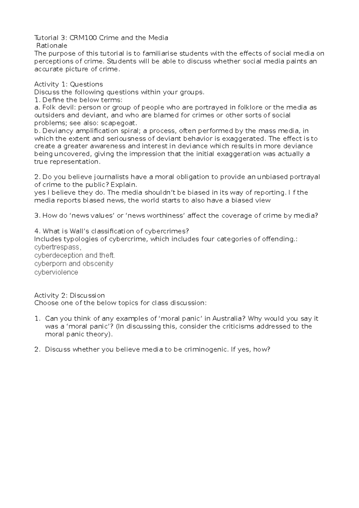 Tut 3 Crime and the Media - Tutorial 3: CRM100 Crime and the Media ...