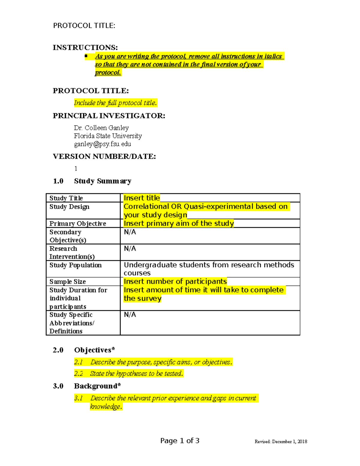 Protocol Template (INCASE YOU CANT ACCESS) - PSY 3213C - FSU - Studocu