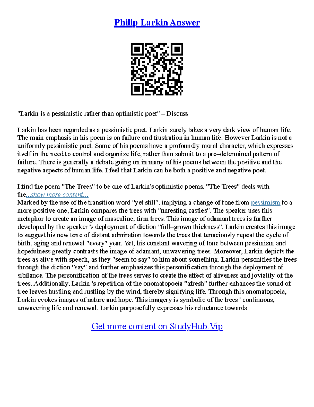 Philip Larkin Essay - Philip Larkin Answer "Larkin is a pessimistic ...