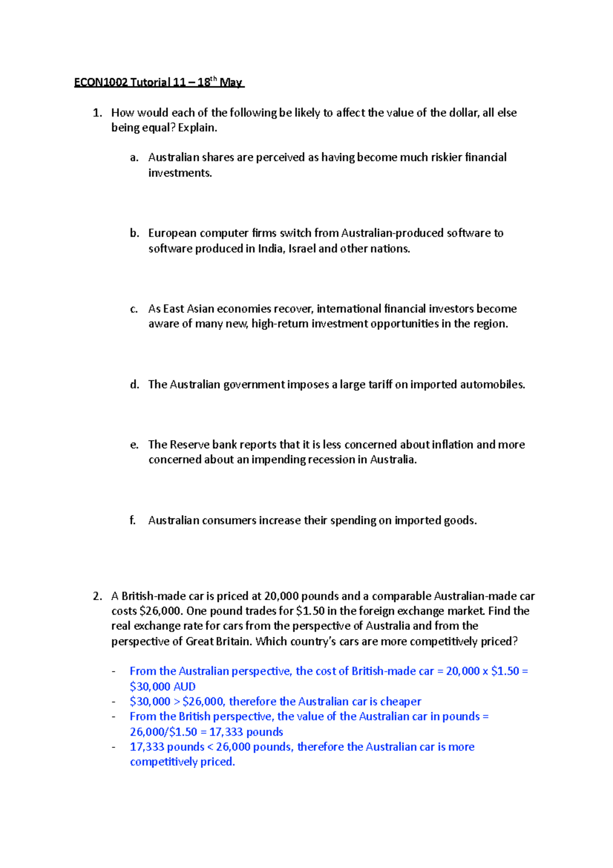ECON1002 Tutorial 11 - a. Australian shares are perceived as having ...