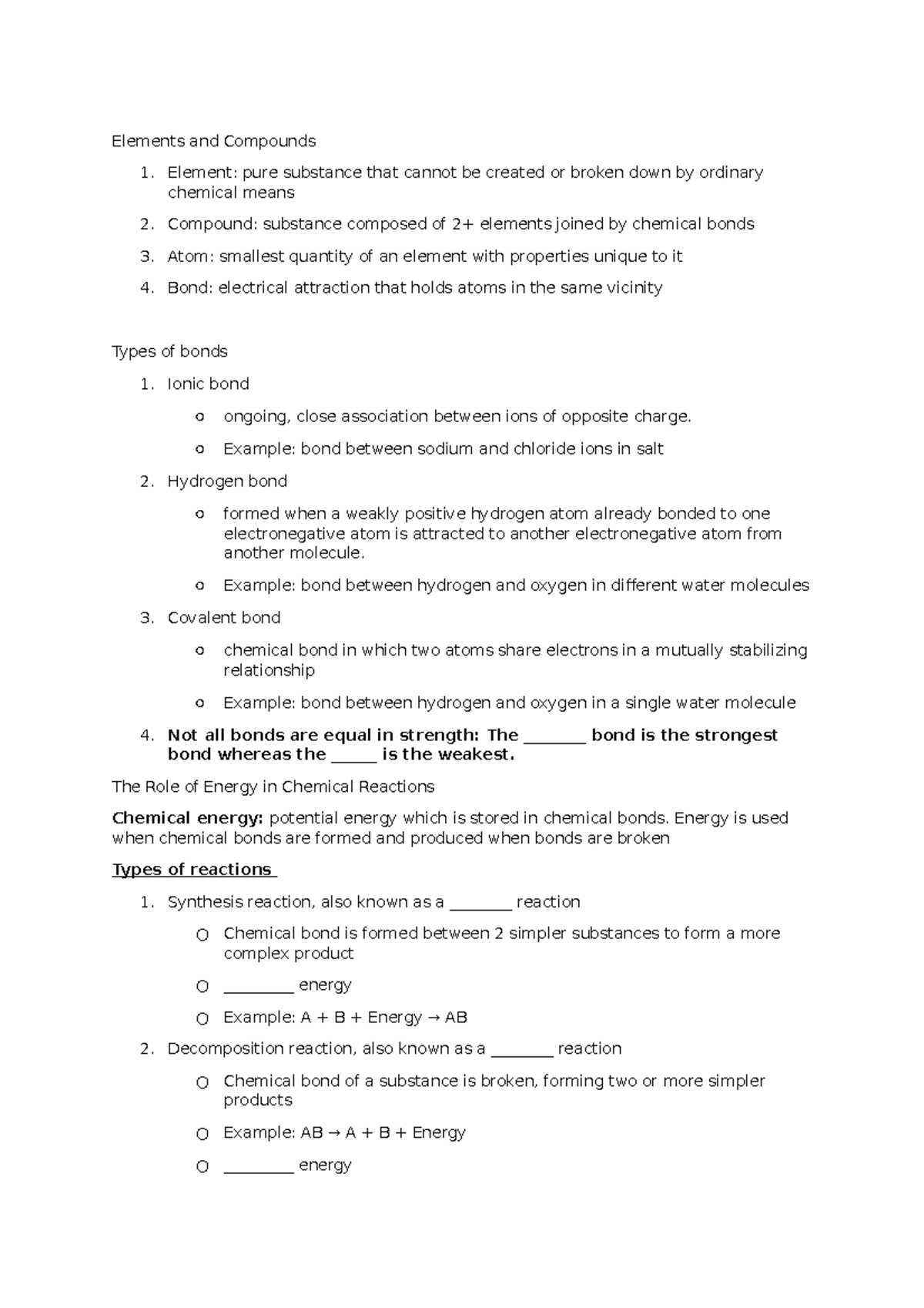 2 Chemical level of organization 1 - Elements and Compounds 1. Element ...