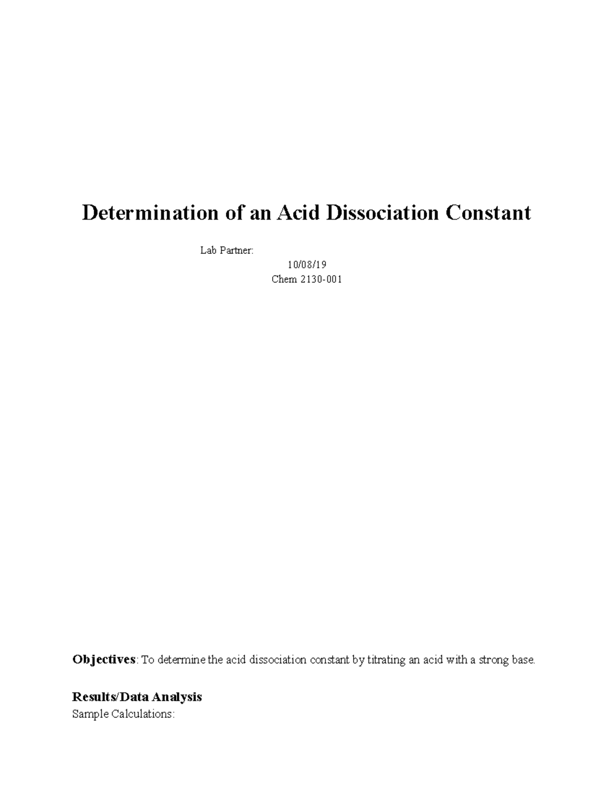 Determination of an Acid Dissociation Constant - Results/Data Analysis ...