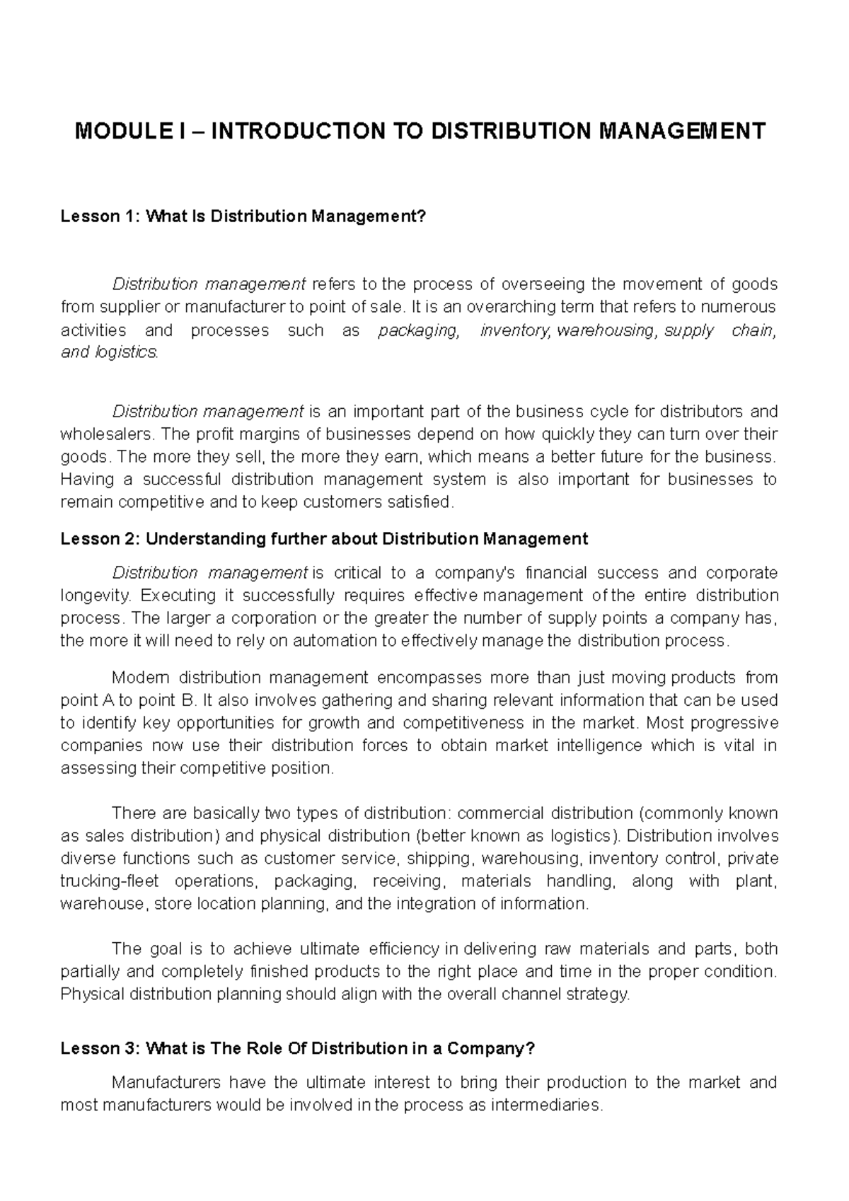Distrubution Management - MODULE I – INTRODUCTION TO DISTRIBUTION ...
