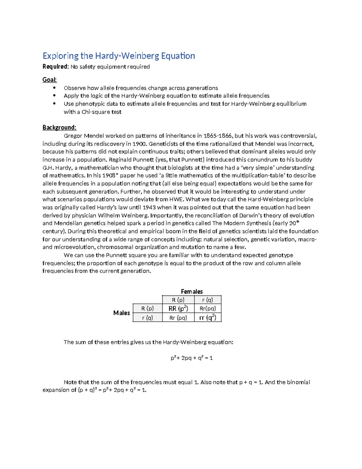 Lab 12 - Hardy-Weinberg Intro - Exploring the Hardy-Weinberg Equation ...