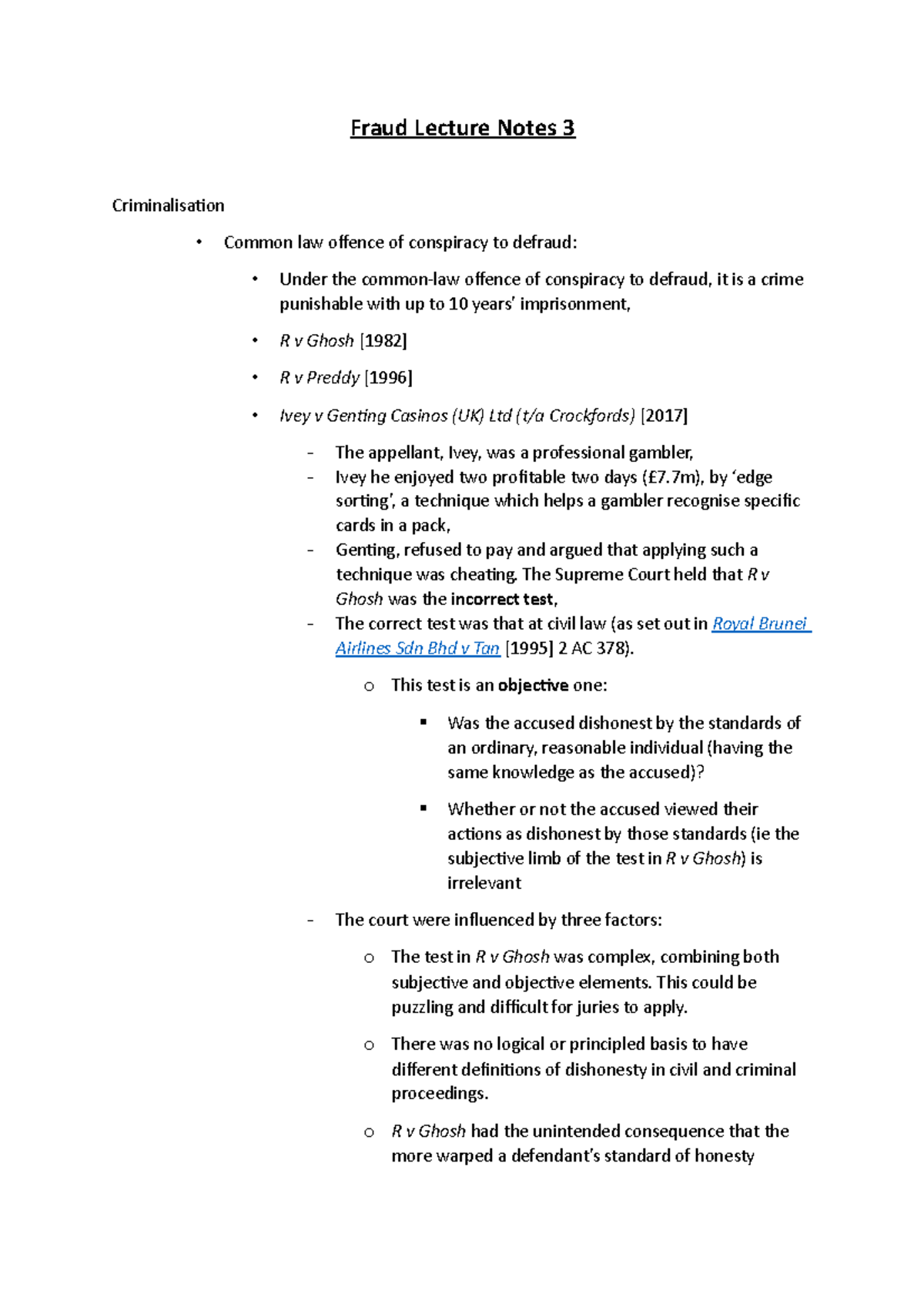 Fraud 3 - Fraud Lecture Notes 3 Criminalisation - Common law offence of ...