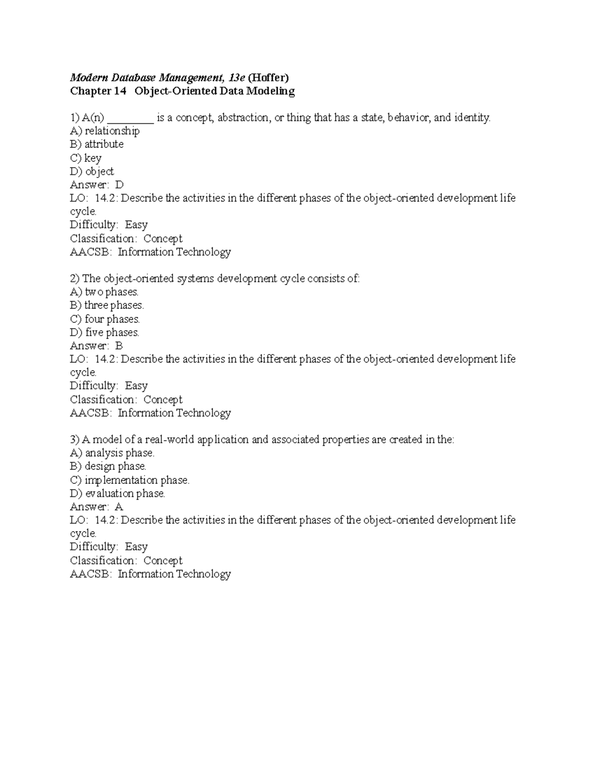 Chapter 14 MCQ - Modern Database Management, 13e (Hoffer) Chapter 14 Object-Oriented Data ...