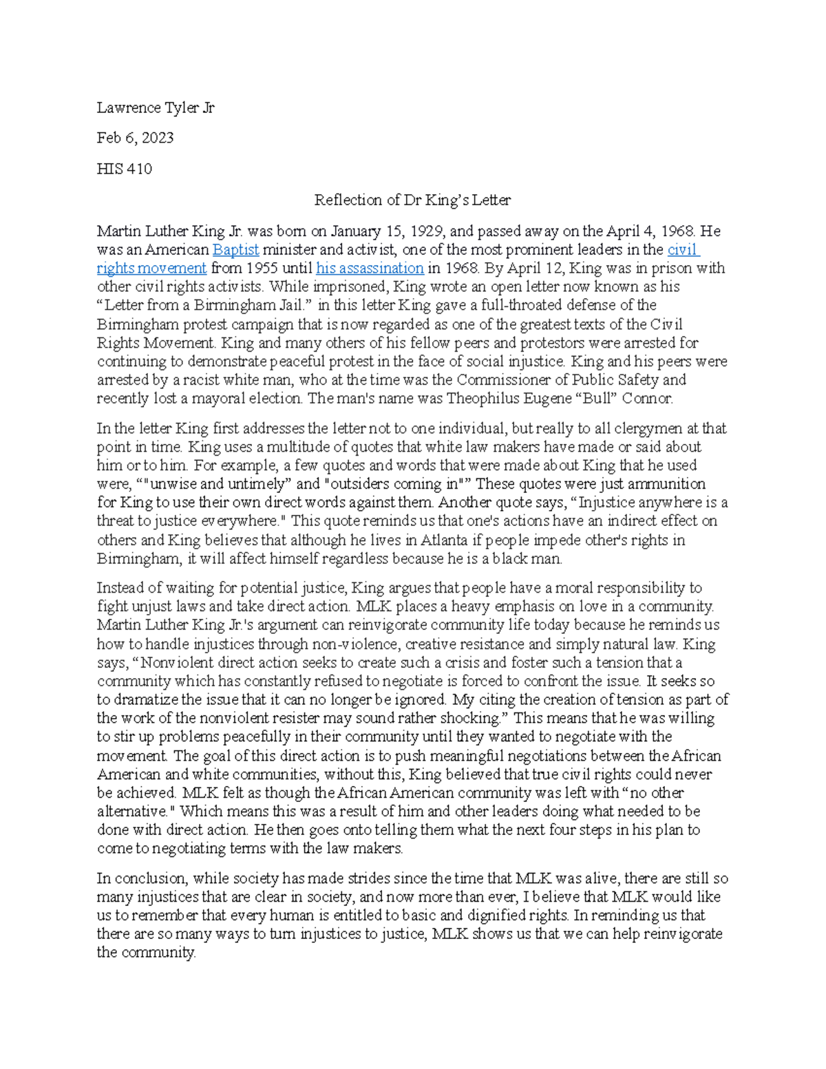 MLK - N/A - Lawrence Tyler Jr Feb 6, 2023 HIS 410 Reflection of Dr King ...