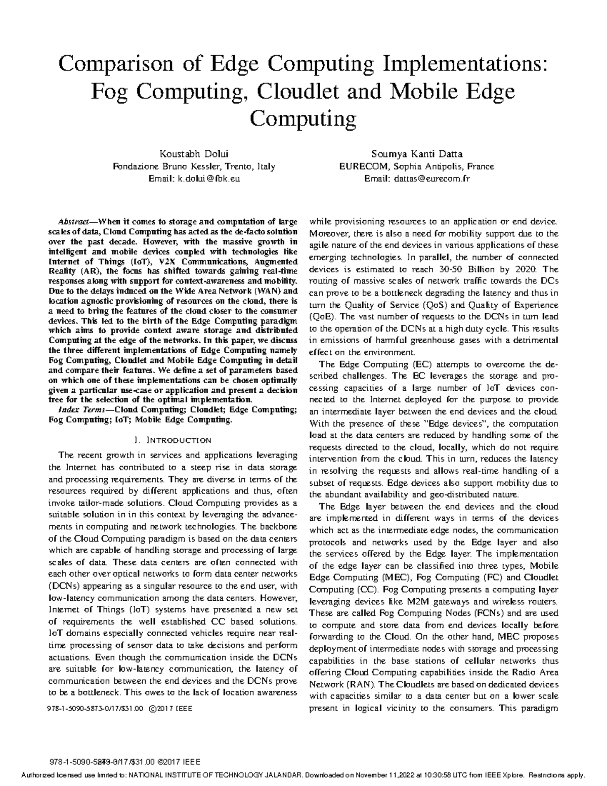 Comparison of edge computing implementations Fog computing cloudlet and mobile edge computing ...