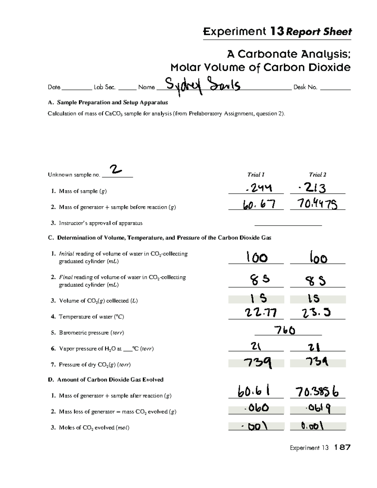 Carbonate analysis - Experiment 13 187 Experiment 13 Report Sheet A ...