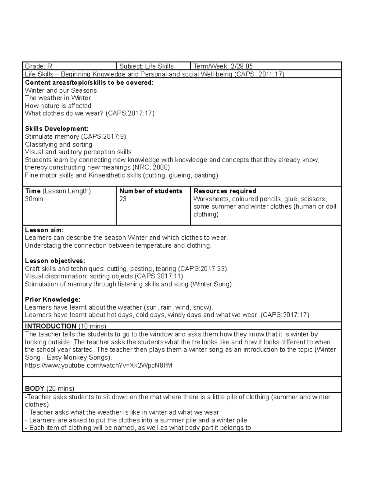 Lesson Plan Life Skills - Beginning Knowledge - Winter - Grade: R Subject: Life Skills Term/Week ...