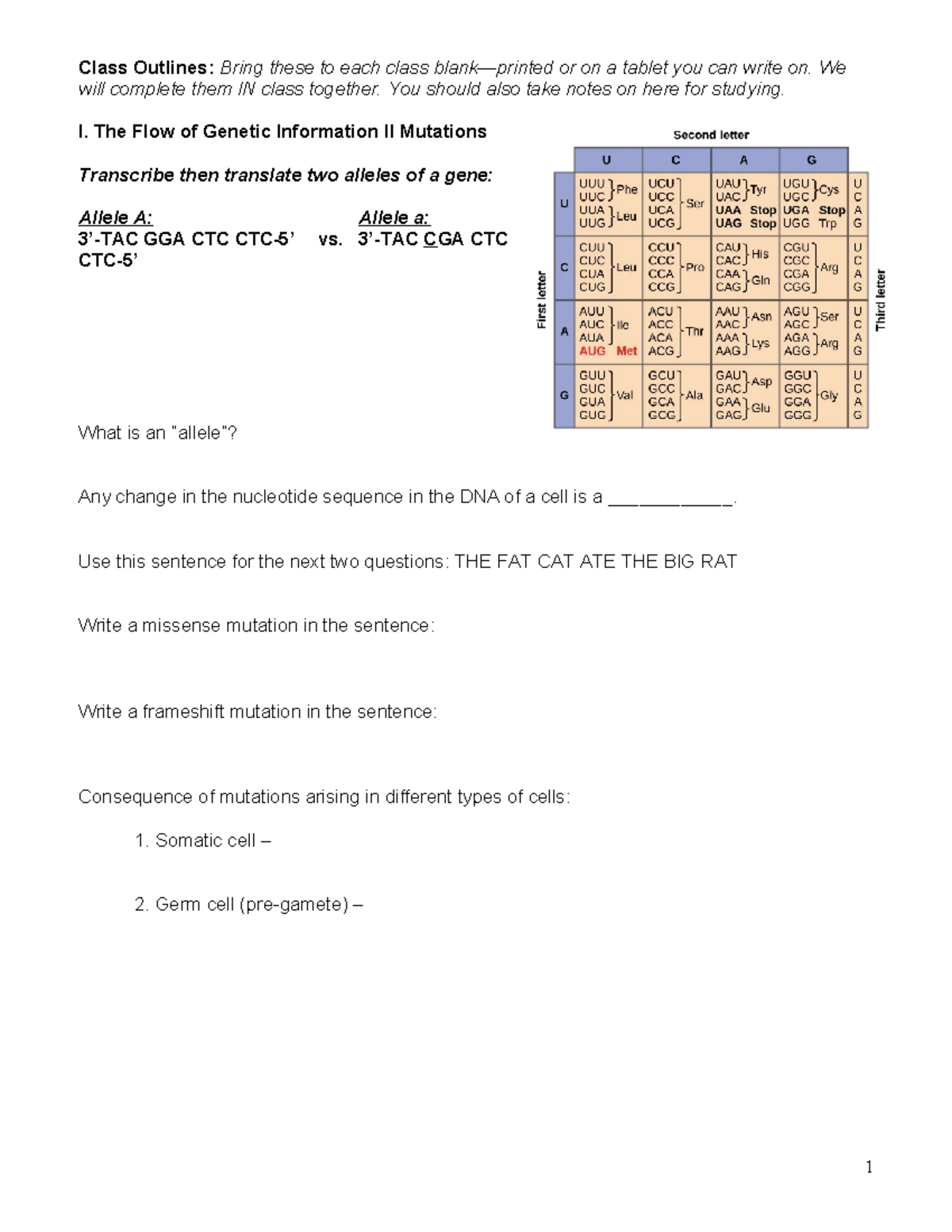 Lesson 14 Class Outline Flow of Genetic Information Part 2 - Class ...