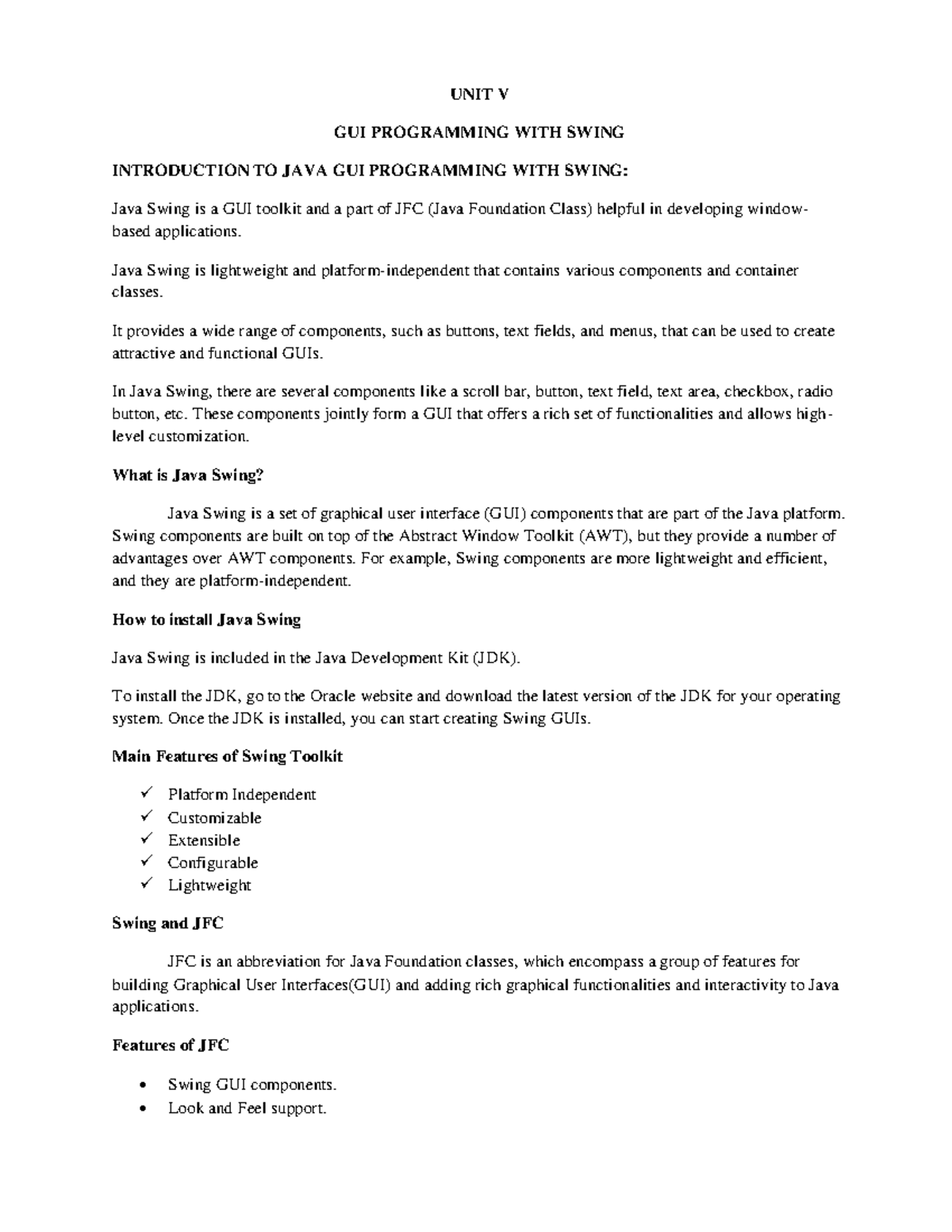 JAVA UNIT V-1 - Bbbh - UNIT V GUI PROGRAMMING WITH SWING INTRODUCTION TO JAVA GUI PROGRAMMING ...