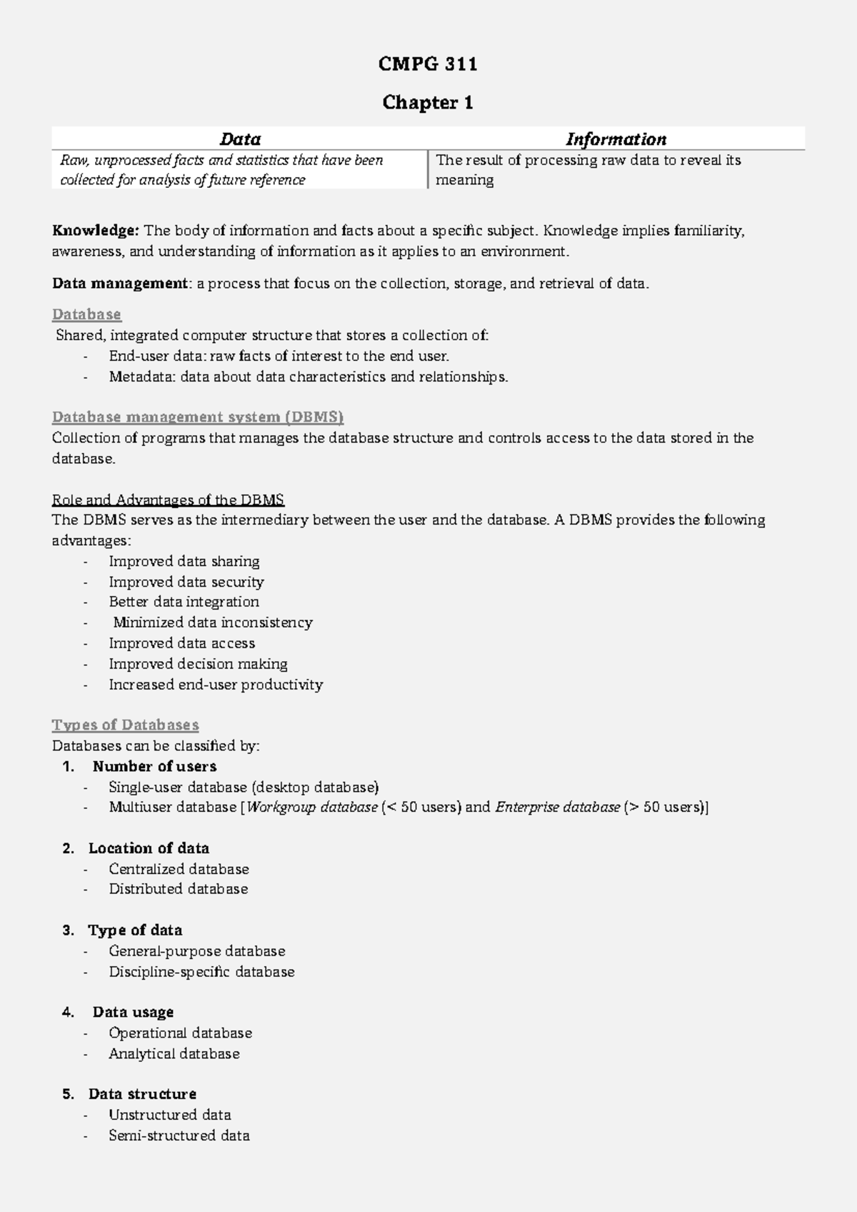 Cmpg 311 Summaries For Databases Cmpg 311 Chapter 1 Data Information Raw Unprocessed Facts