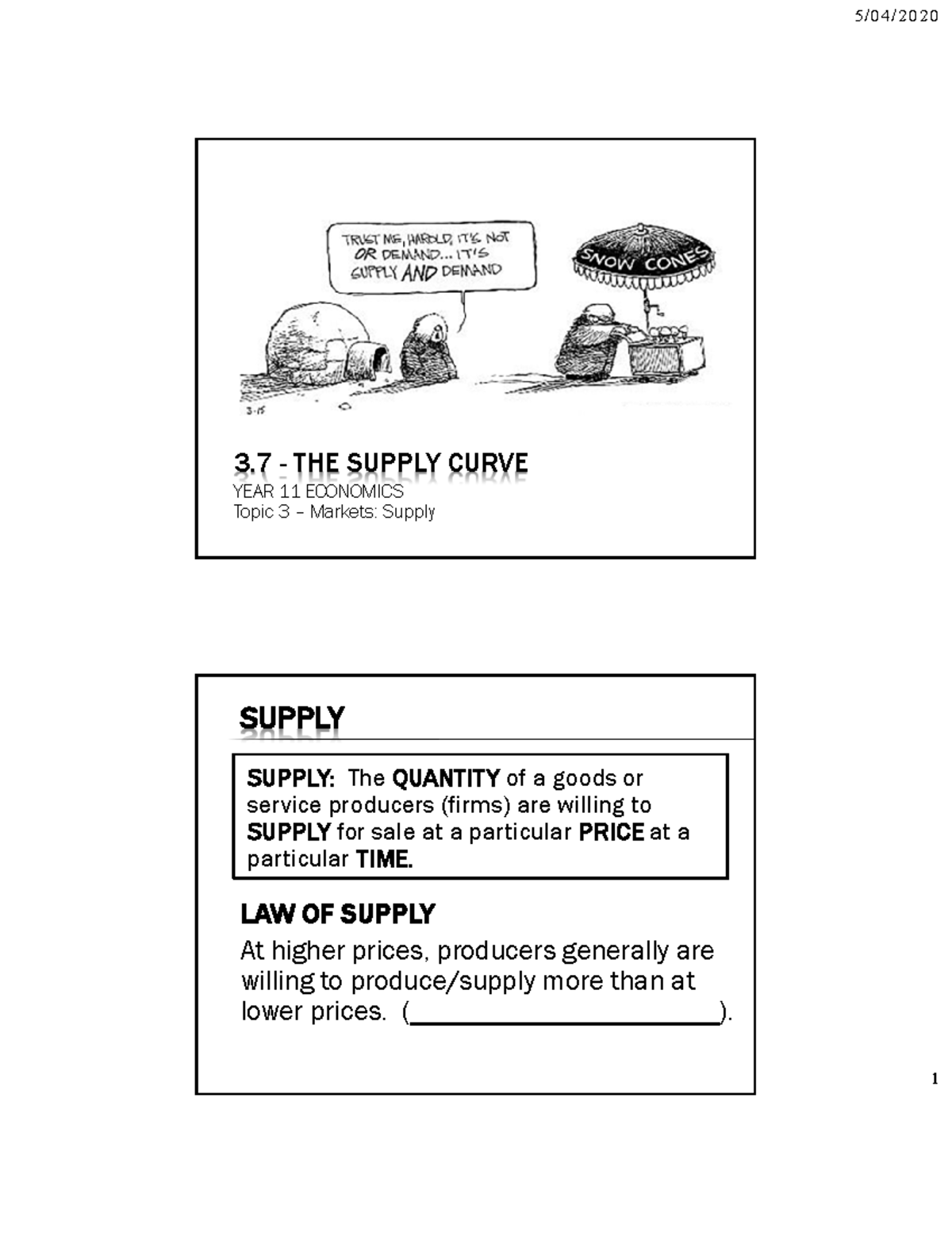 Supply & Demand Notes - 3 - THE SUPPLY CURVE YEAR 11 ECONOMICS Topic 3 ...