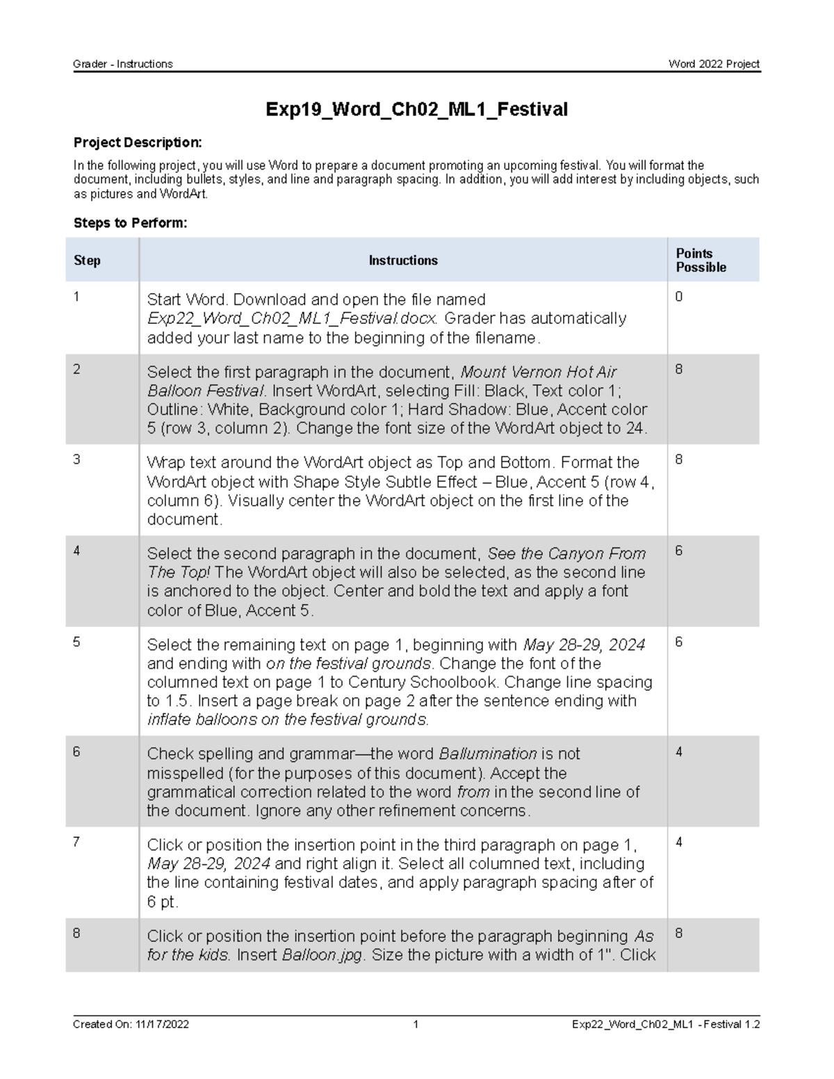 Exp19 Word Ch02 ML1 Festival Instructions - Grader - Instructions Word 2022 Project - Studocu