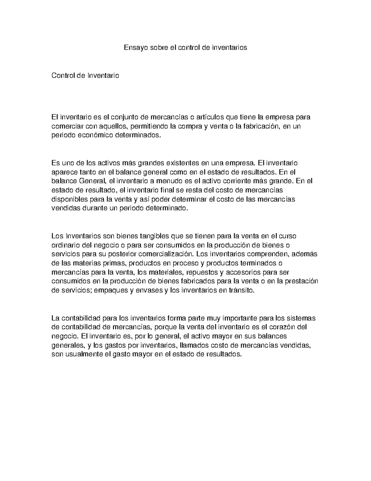 Ensayo sobre el control de inventarios guia 14 - Ensayo sobre el control de inventarios Control ...