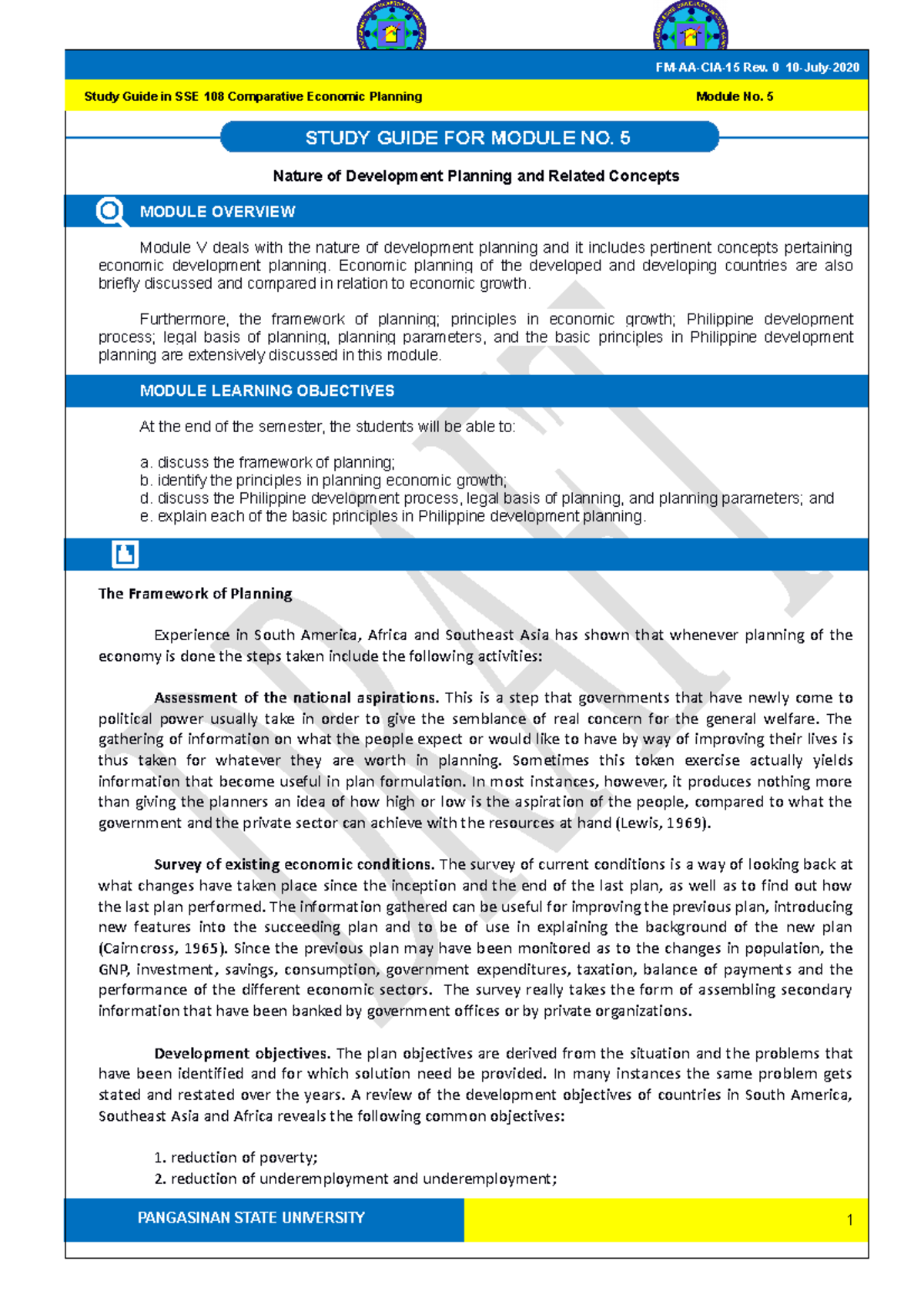 Module 5 Nature of Development Planning - PANGASINAN STATE UNIVERSITY ...