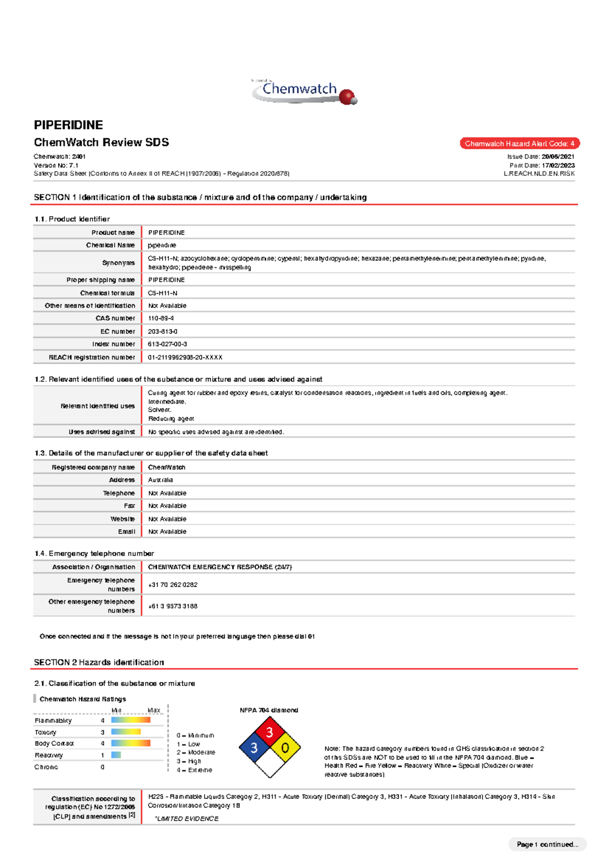 Piperidine - MSMD van piepridine - PIPERIDINE ChemWatch Review SDS ...