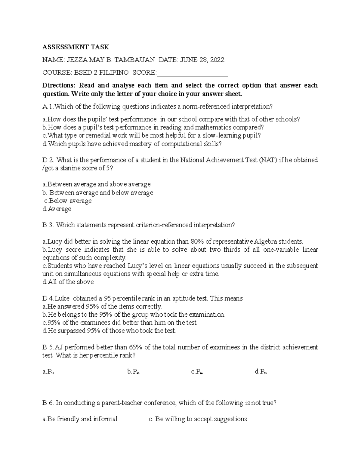 Assessment TASK 9 - ASSESSMENT TASK NAME: JEZZA MAY B. TAMBAUAN DATE ...