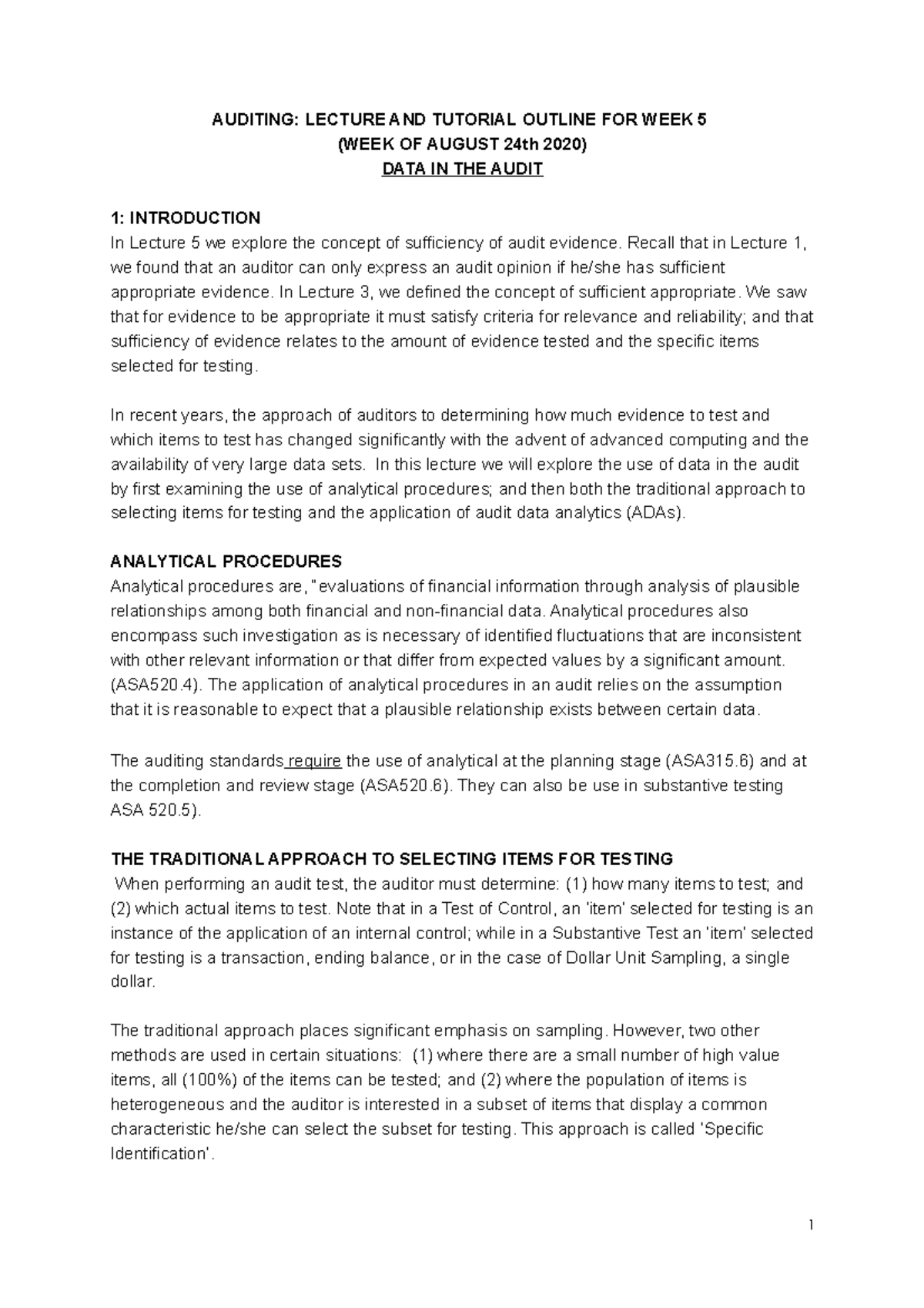 Audit topic 5 questions - AUDITING: LECTURE AND TUTORIAL OUTLINE FOR WEEK 5 (WEEK OF AUGUST 24th ...