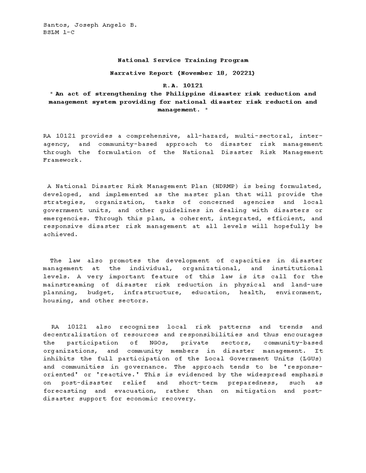 Narrative Report (RA 10121) - Santos, Joseph Angelo B. BSLM 1-C ...