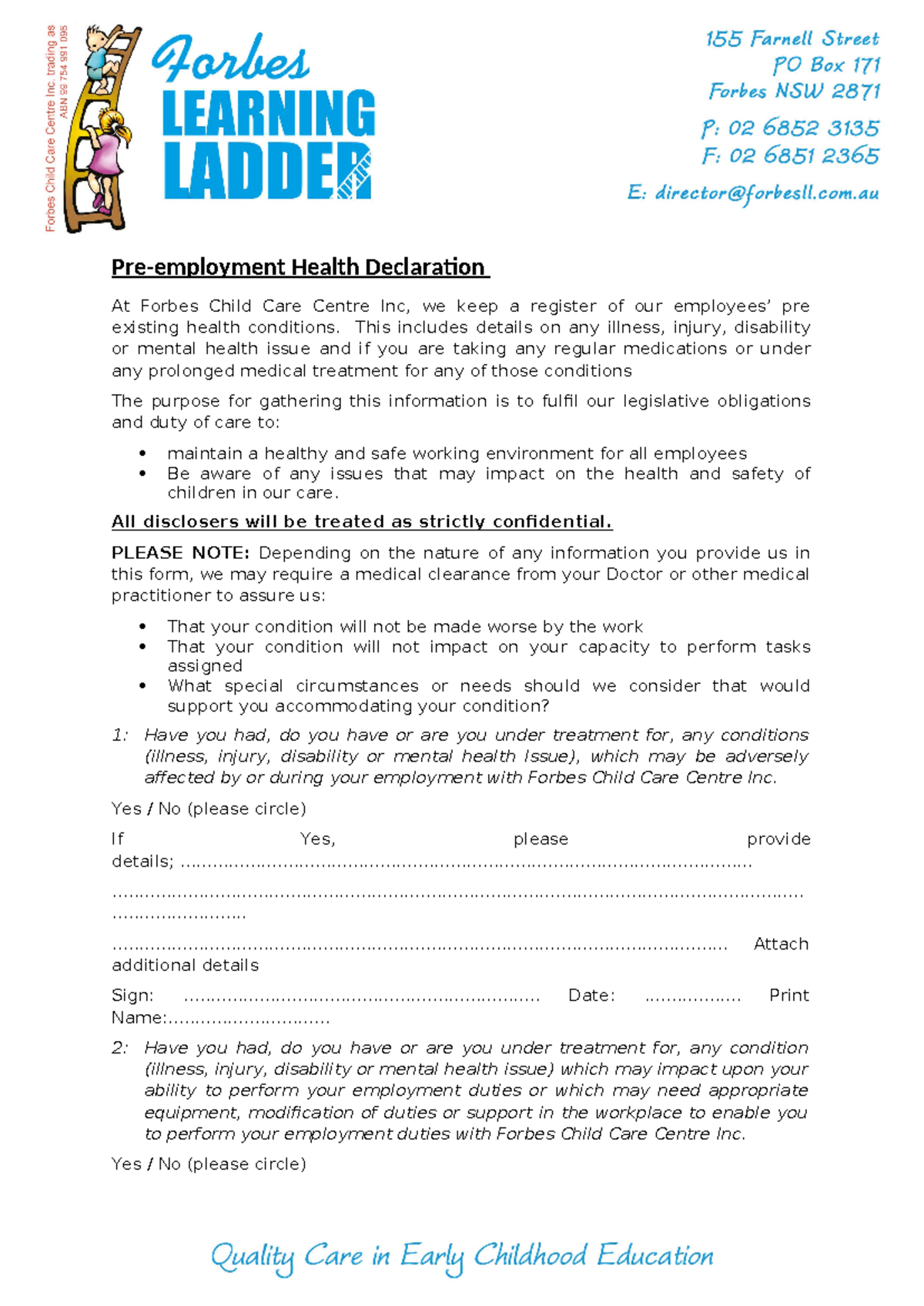 Pre-employment health declaration - Pre-employment Health Declaration ...