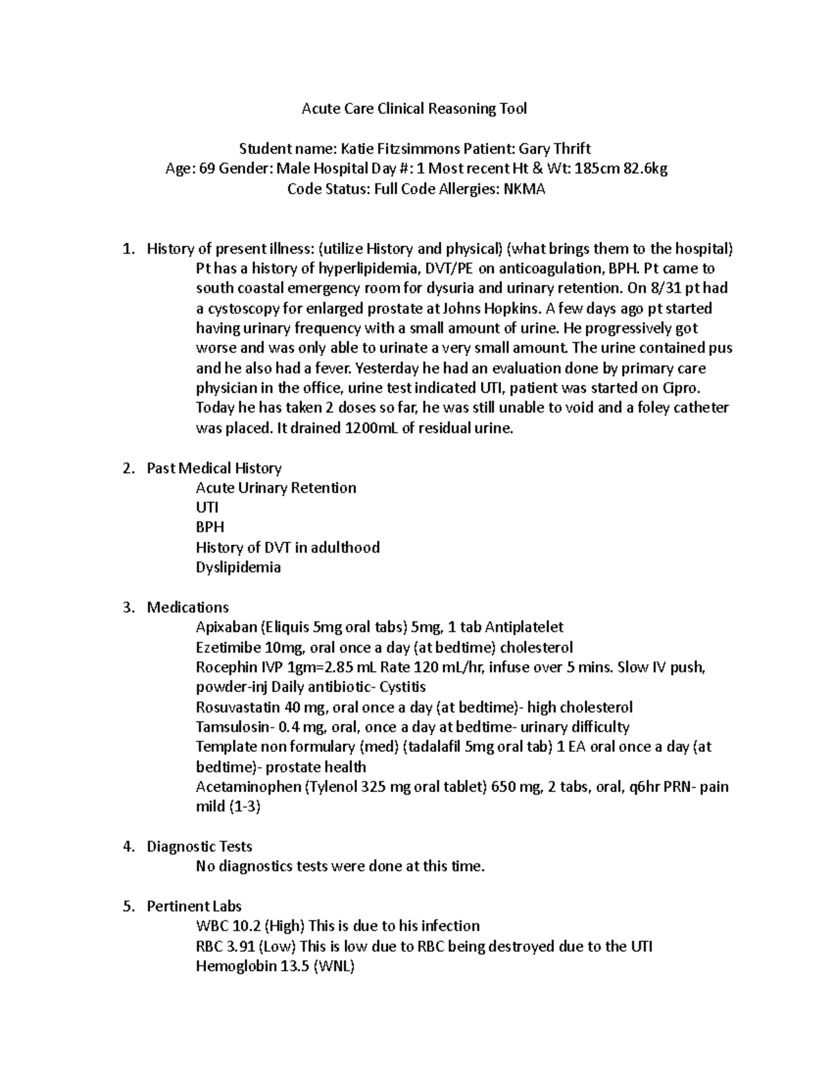 CRT 2 - CRT - Acute Care Clinical Reasoning Tool Student name: Katie ...