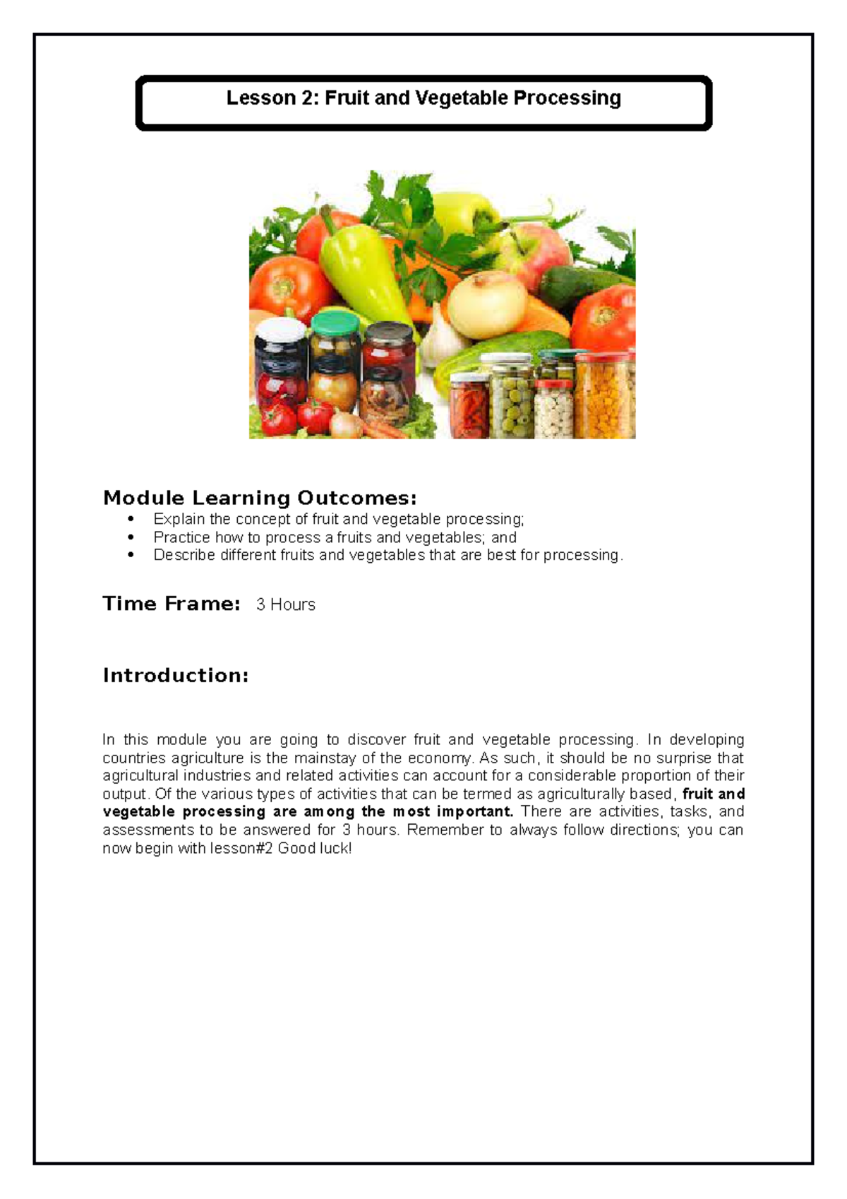 UNIT 3 Lesson 2- Fruit AND Vegetable Rocessing - Module Learning ...