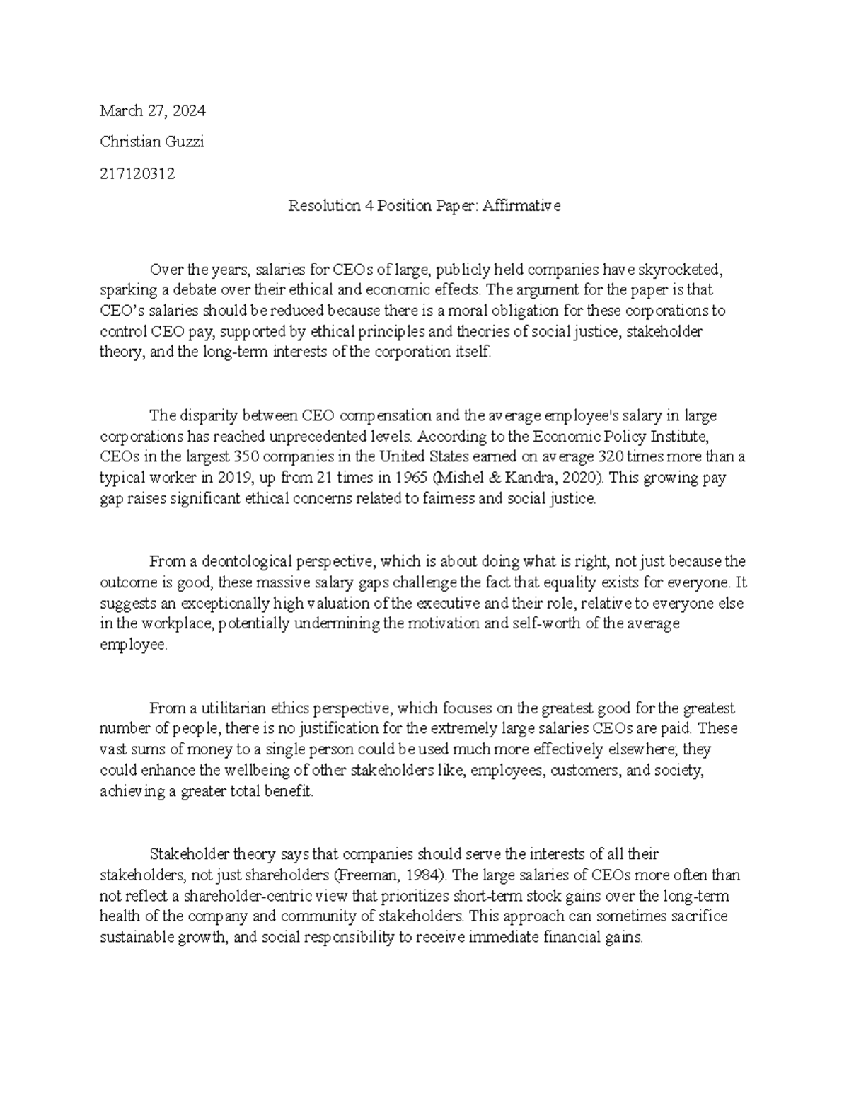 Position Paper Resolution 4 - March 27, 2024 Christian Guzzi 217120312 ...