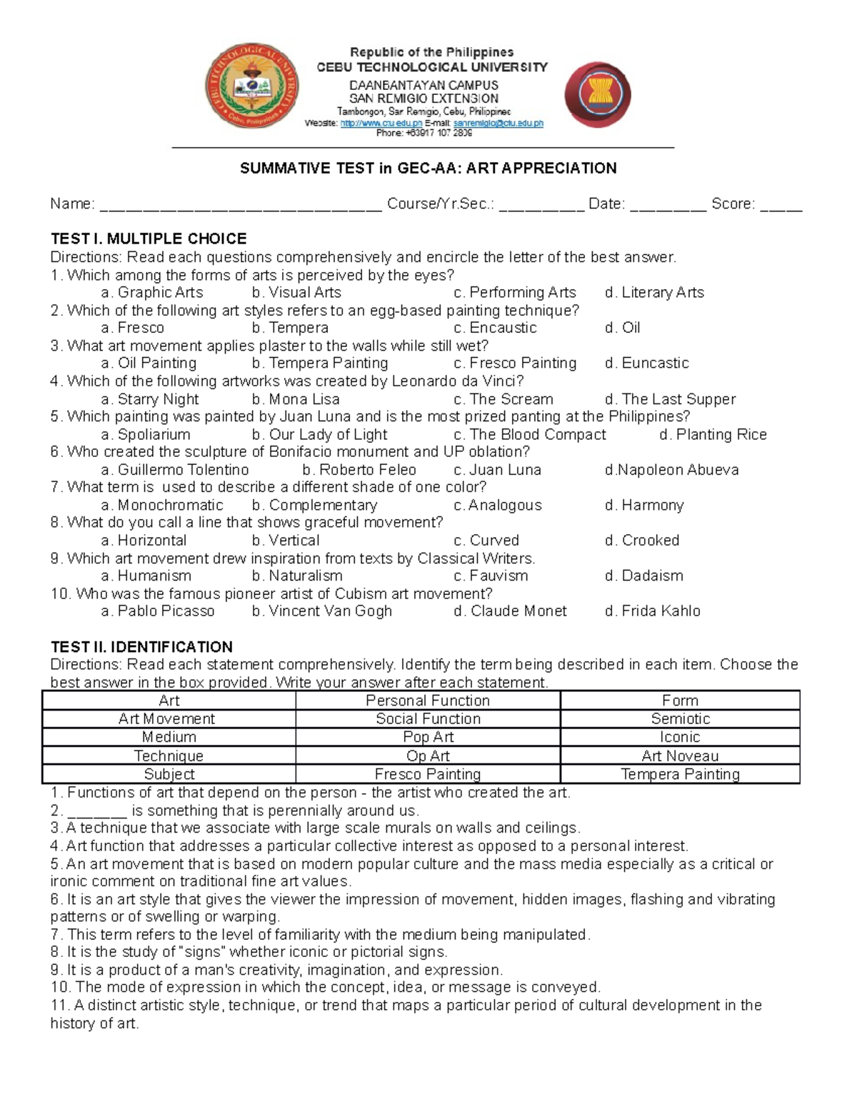 LONG TEST -Art App-Ethics-Clothing-AIDL-2nd Sem 2022-2023-J - SUMMATIVE ...