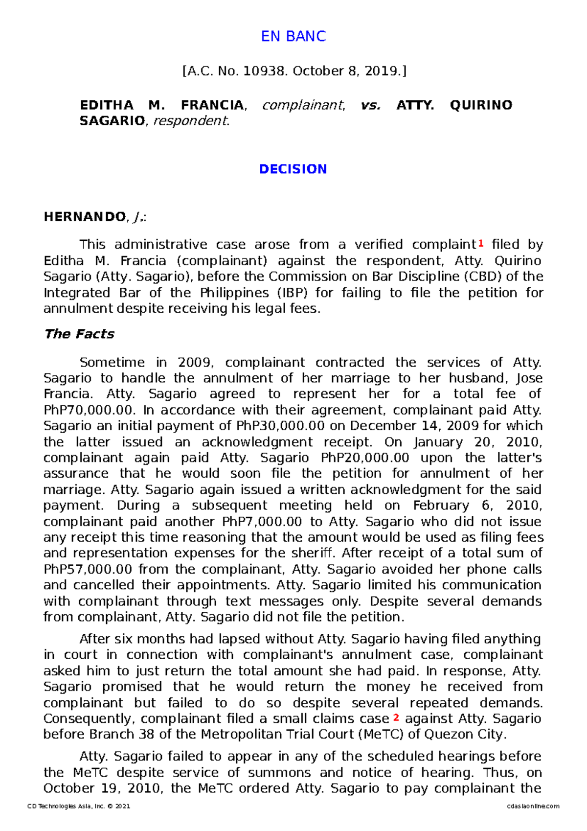 Francia v. Sagario - Justice Hernando Cases for 2023 Bar - EN BANC [A. No. 10938. October 8 ...