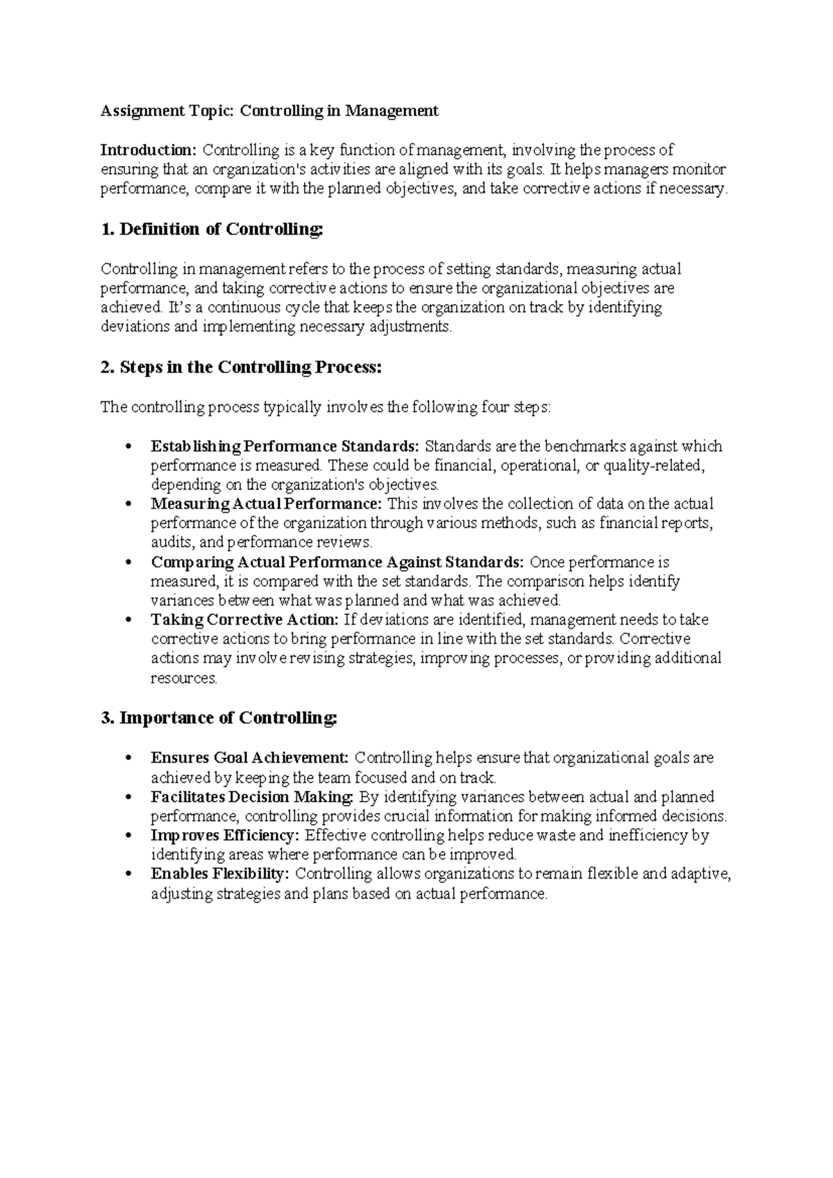 Controlling in management - Assignment Topic: Controlling in Management ...