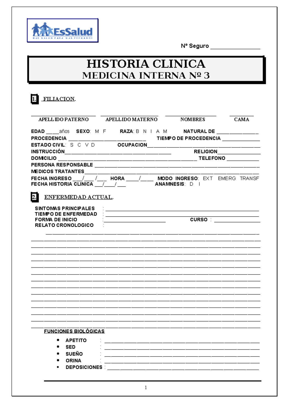 Historia Clinica Medicina Interna - Nº Seguro _________________ HISTORIA CLINICA MEDICINA ...
