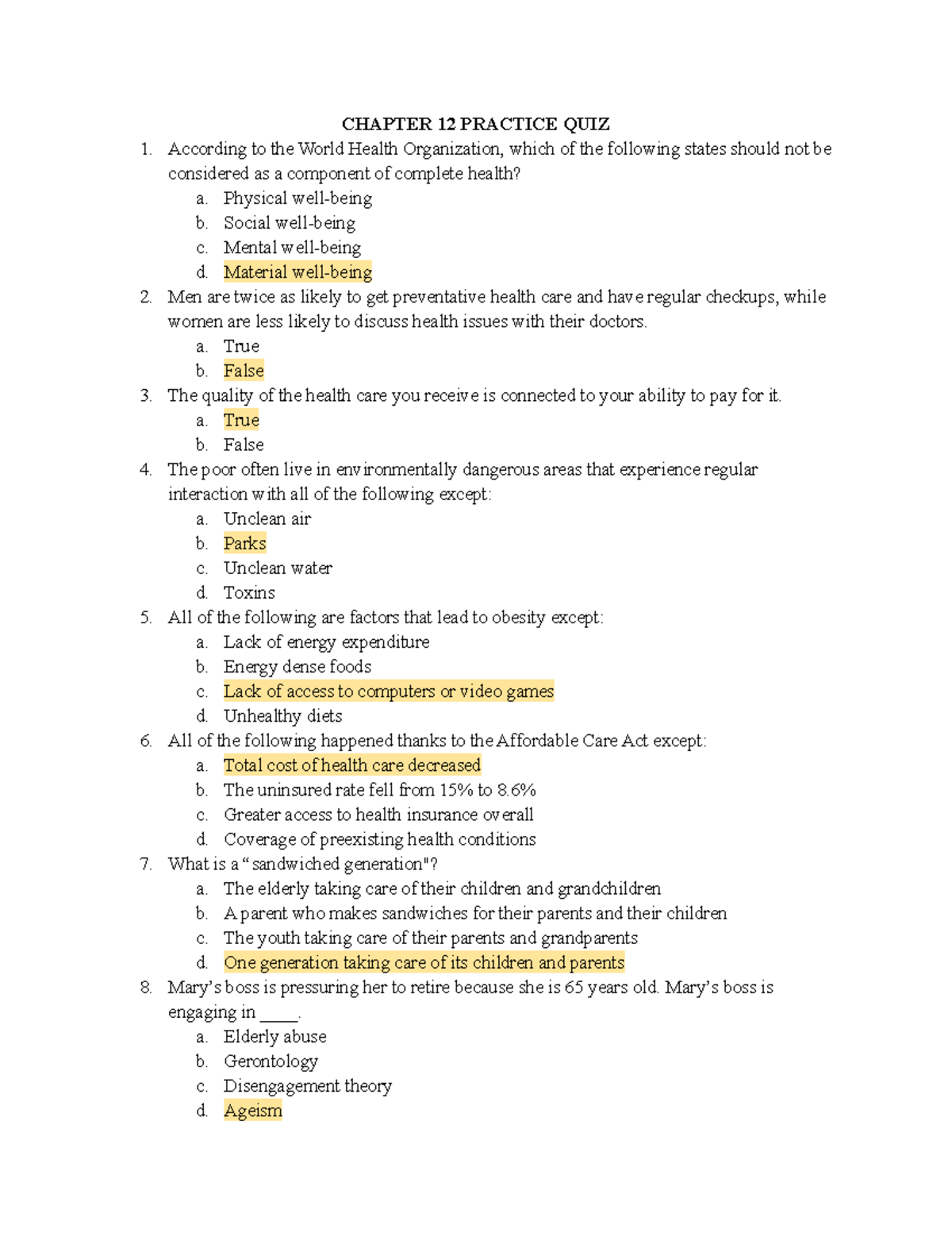 Chapter 12 Practice QUIZ - CHAPTER 12 PRACTICE QUIZ According to the ...