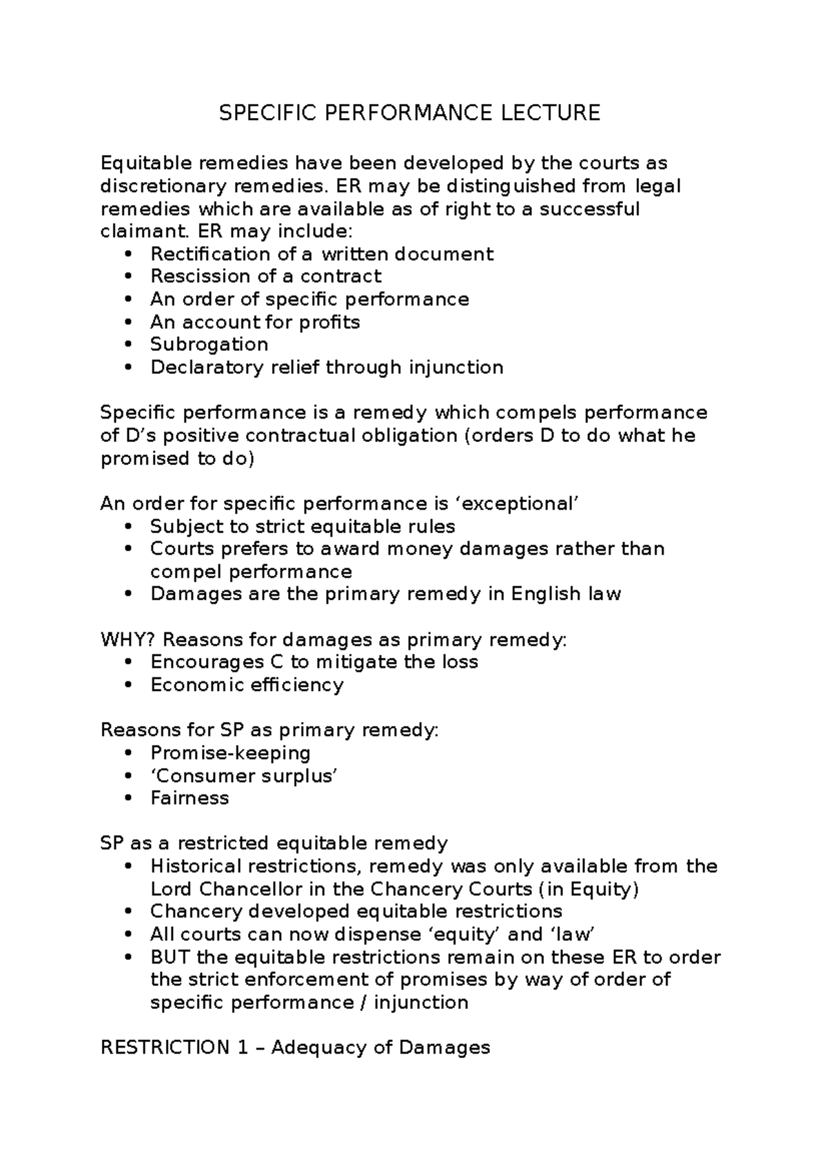 Specific Performance Lecture Notes - SPECIFIC PERFORMANCE LECTURE ...