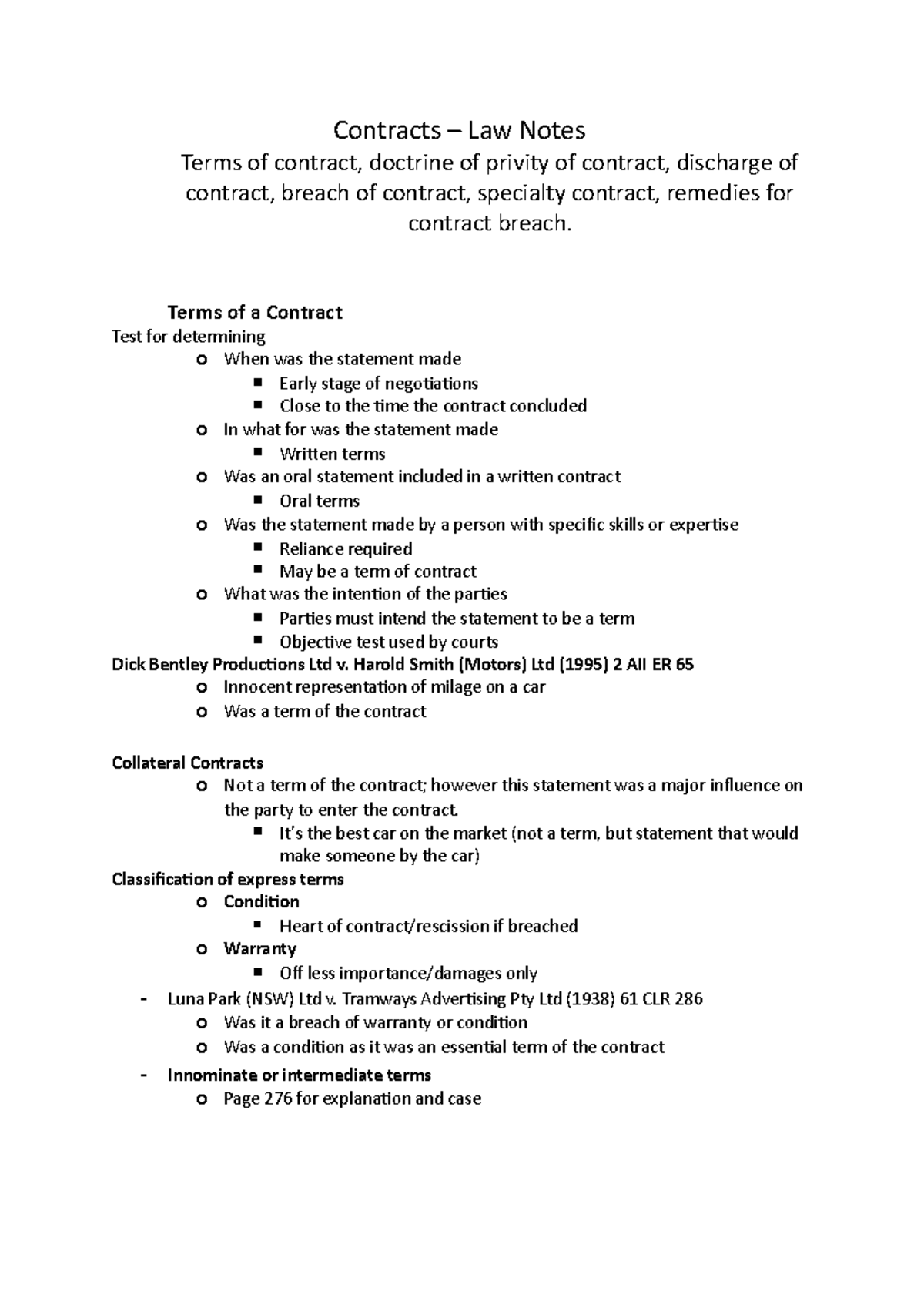 Law Notes - Contract 3 - Summary Law for Business - Contracts – Law ...
