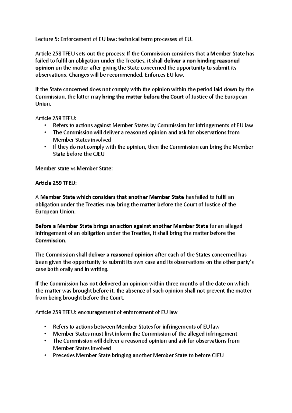 Lecture 5 - EU LAW - Lecture 5: Enforcement of EU law: technical term processes of EU. Aricle ...
