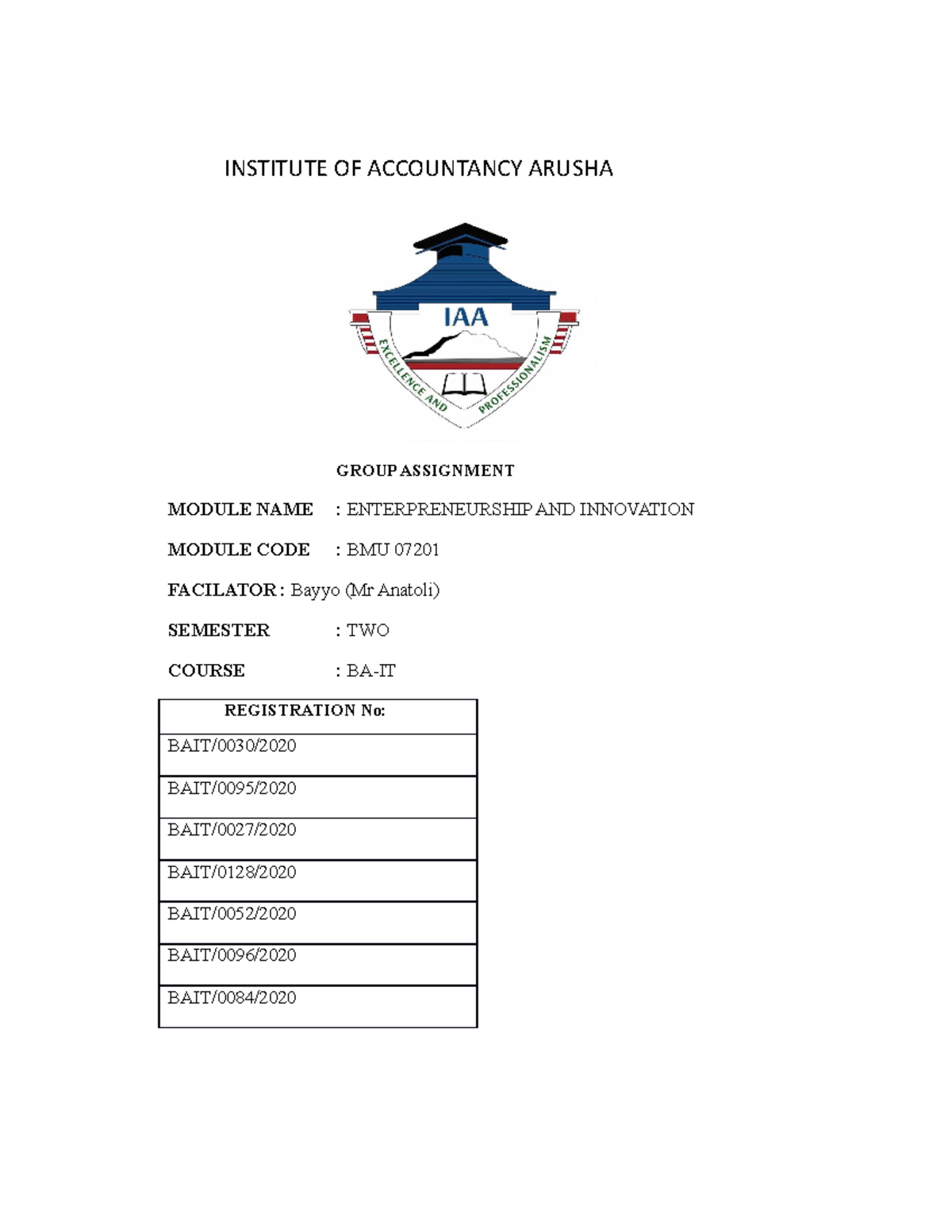 Group Business PLAN-1 - INSTITUTE OF ACCOUNTANCY ARUSHA GROUP ASSIGNMENT MODULE NAME : - Studocu