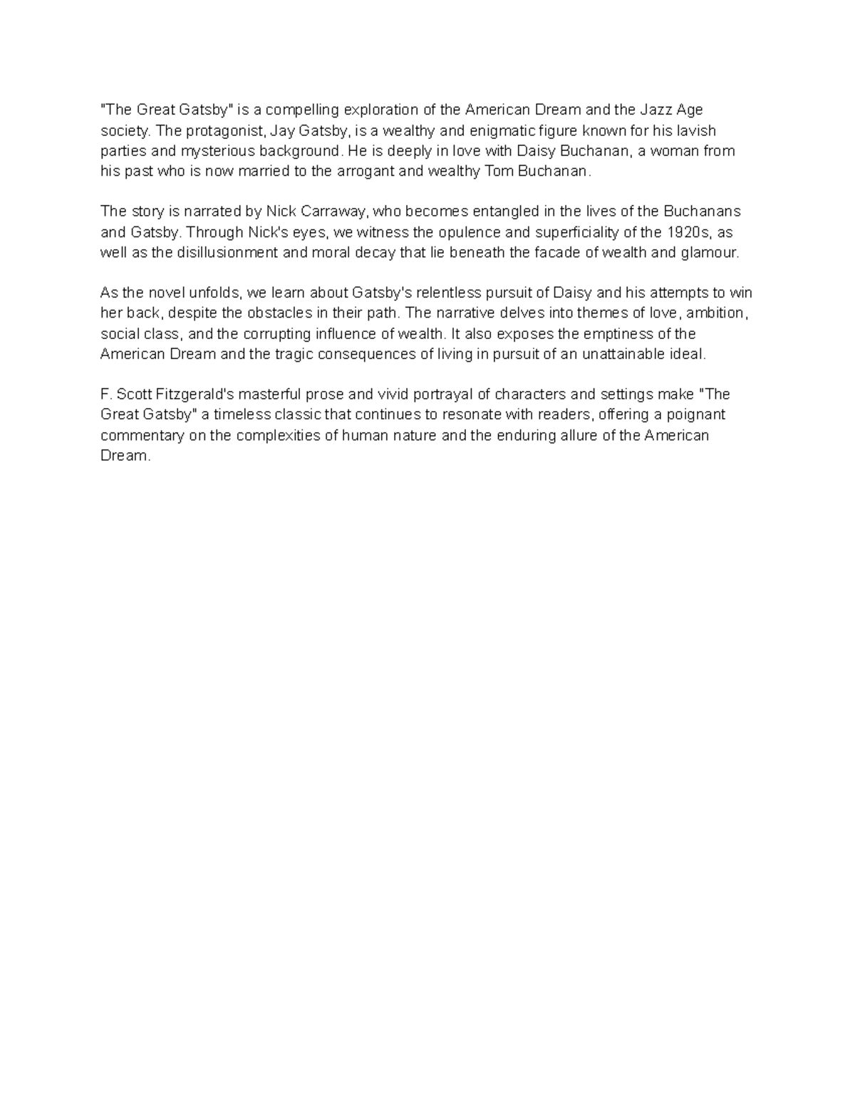 Great gatsby summary - "The Great Gatsby" is a compelling exploration ...