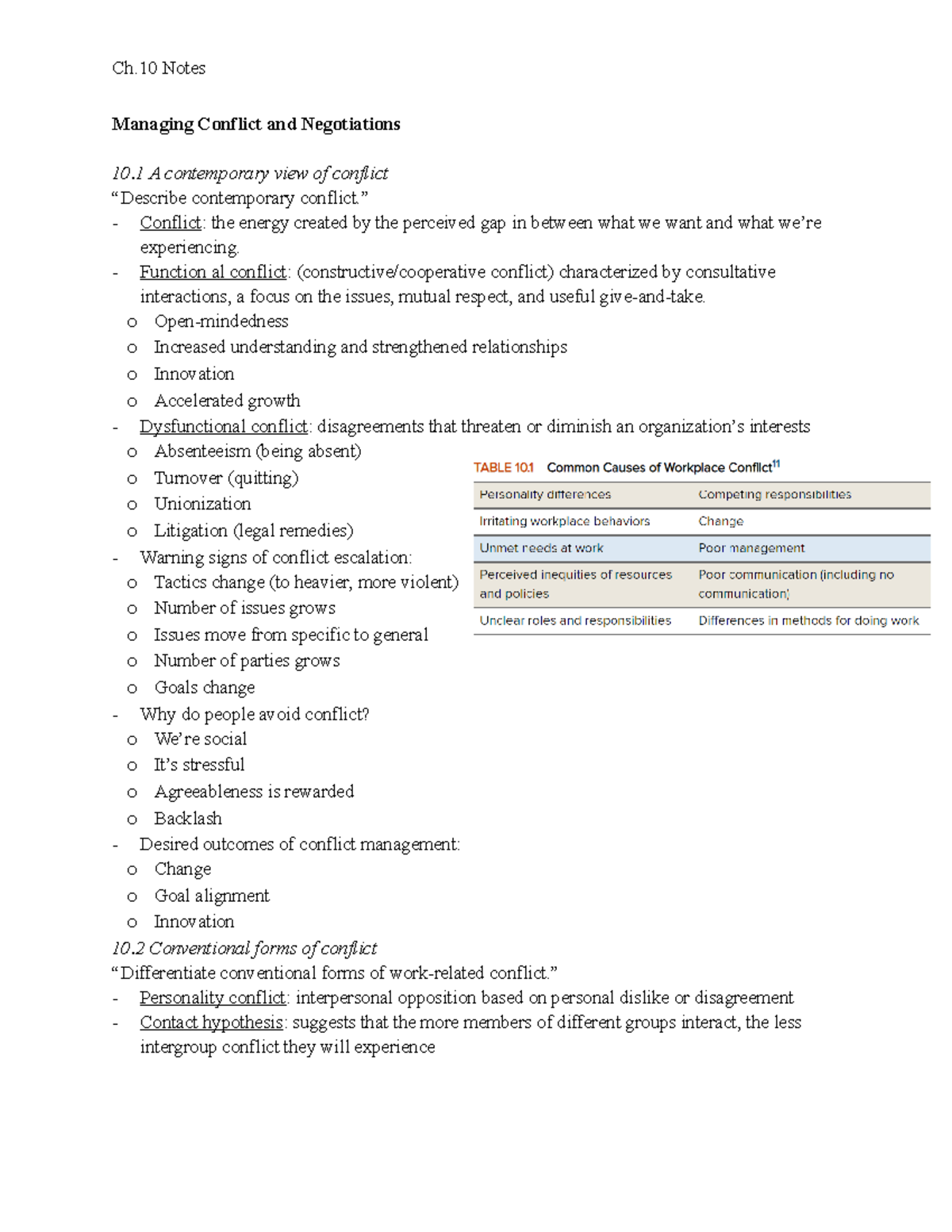 Ch.10 Notes - Managing Conflict and Negotiations 10 A contemporary view ...