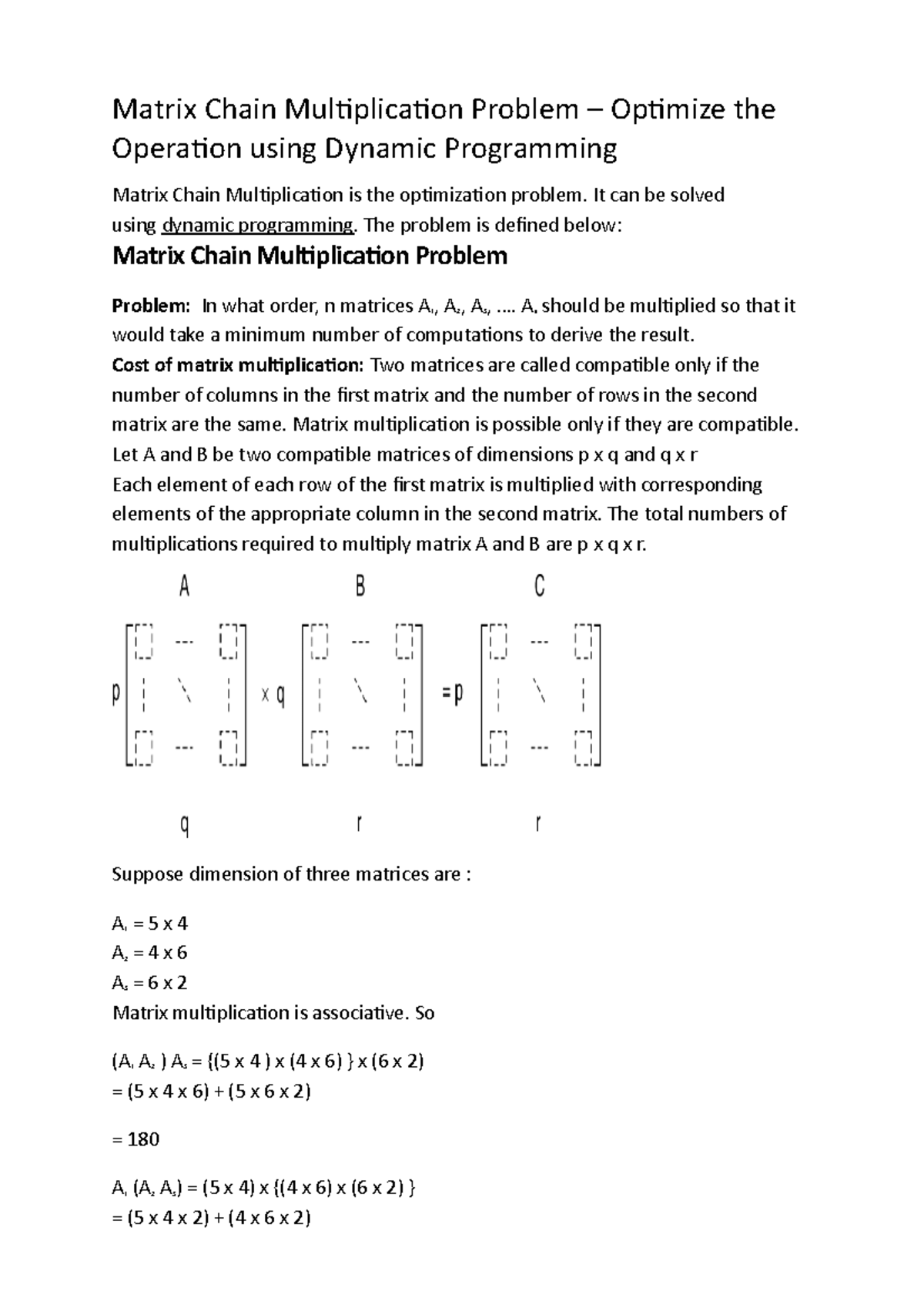 Matrix Chain Multiplication Problem It Can Be Solved Using Dynamic