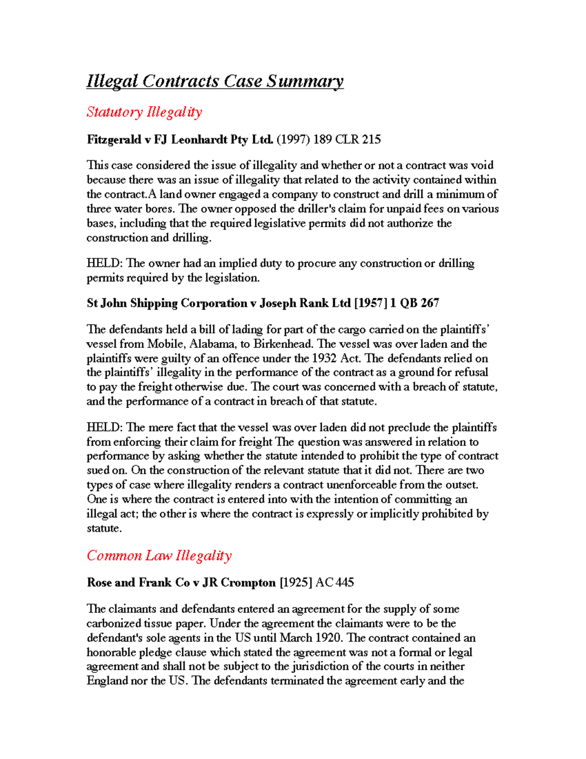 Illegal Contracts Case Summary - Business Law for Business Students ...