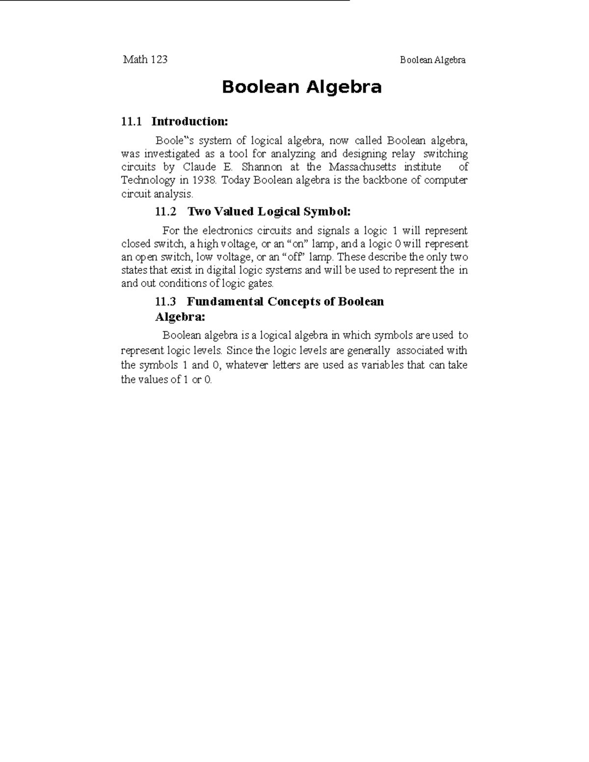 Boolean alzebra - Boolean Algebra 11 Introduction: Boole s‟ system of ...